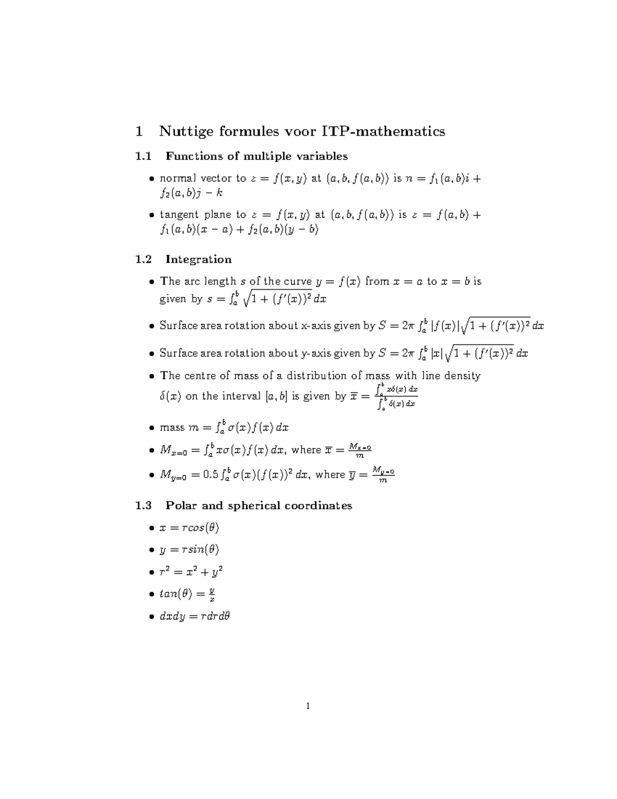Math equations - 1 Nuttige formules voor ITP-mathematics 1 Functions of multiple variables ...
