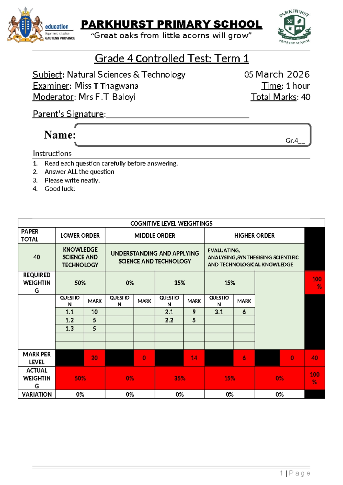 Grade 4 Natural Sciences Controlled Test: Term 1 (NS Gr4) - Studocu
