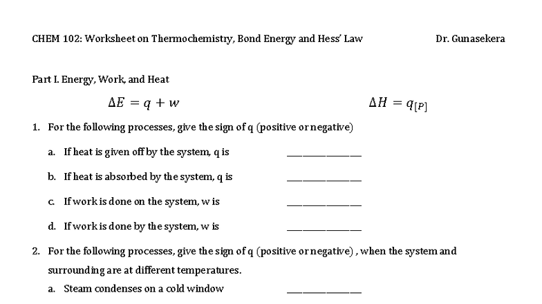 CHEM 102: Thermochemistry Worksheet #07 - Energy, Work, and Heat - Studocu