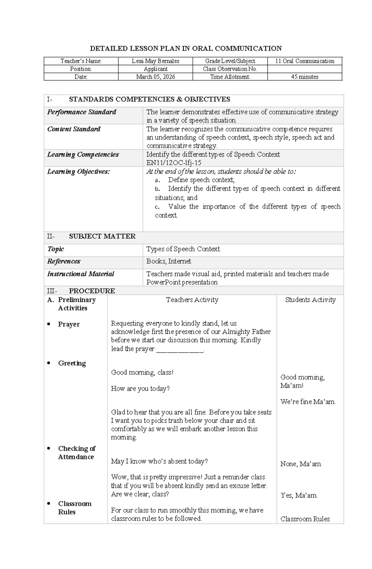 LESA LP FOR SHS: Detailed Lesson Plan on Speech Context - Studocu