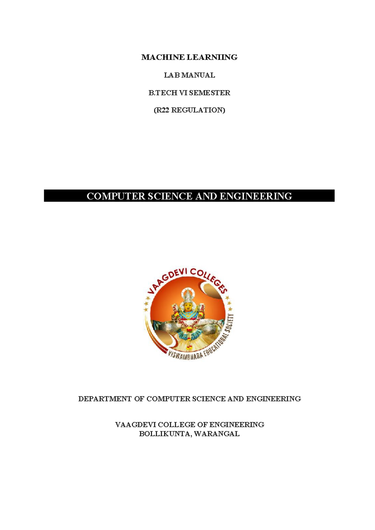 R22 - Machine Learning Lab Manual for B.Tech VI Semester CSE - Studocu