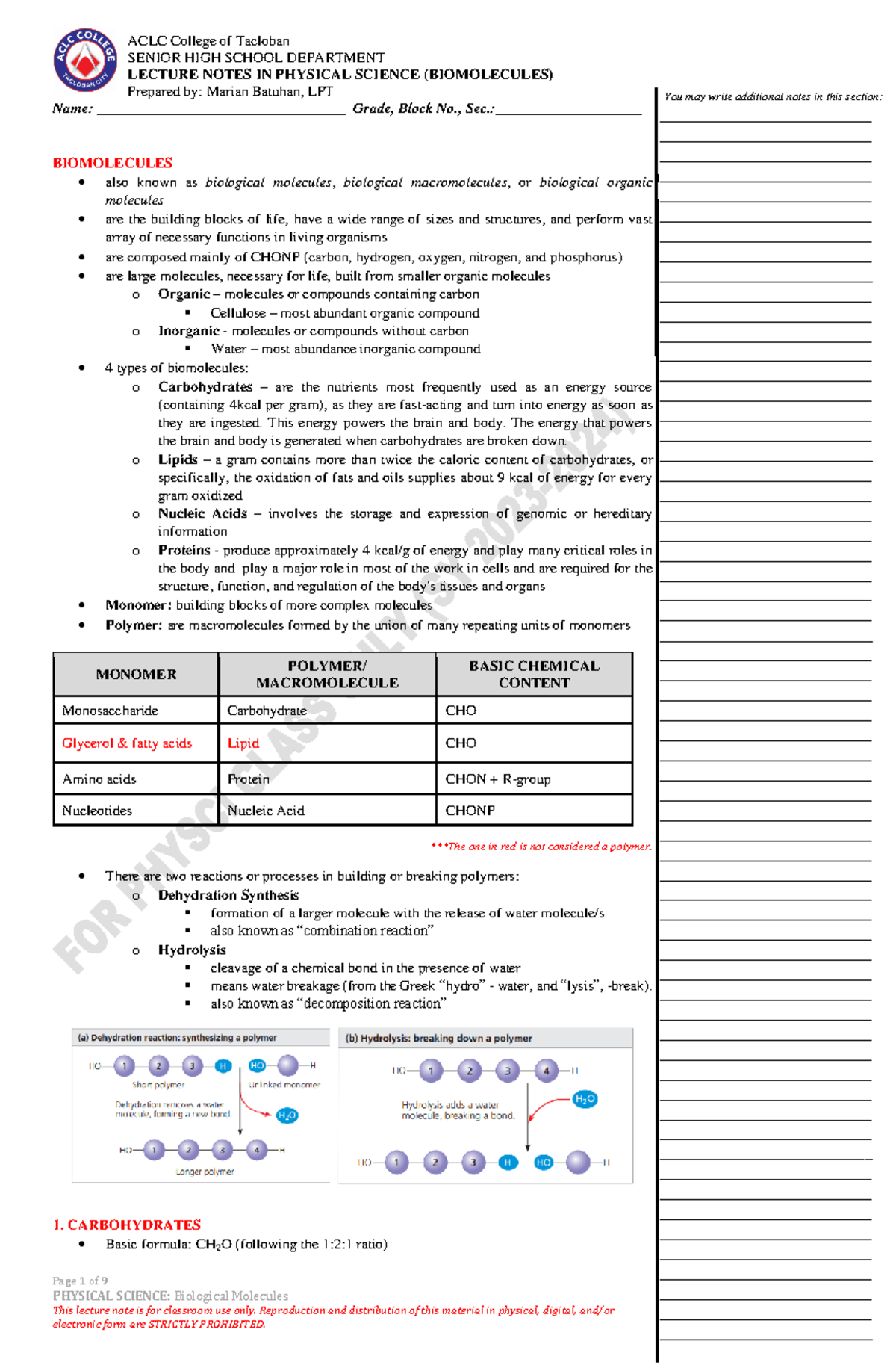 Lecture Notes: Biomolecules in Physical Science (Senior High School ...