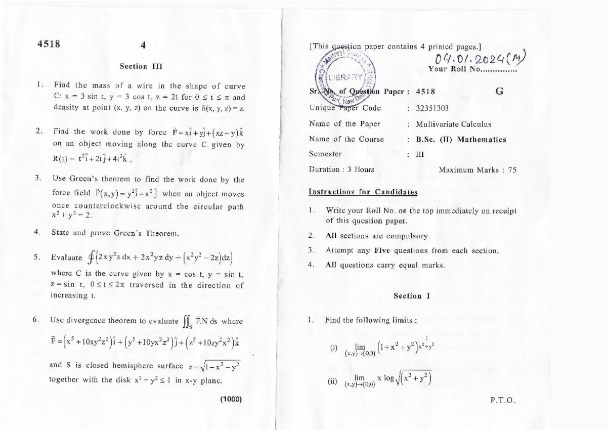 Multivariate Calculus Exam Paper 4518 - B.Sc. (H) Mathematics - Studocu