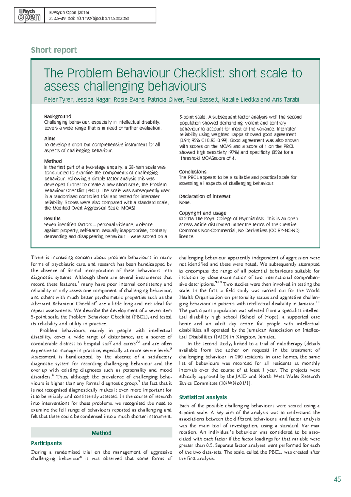 Problem Behaviour Checklist (PBCL): Assessing Challenging Behaviours ...