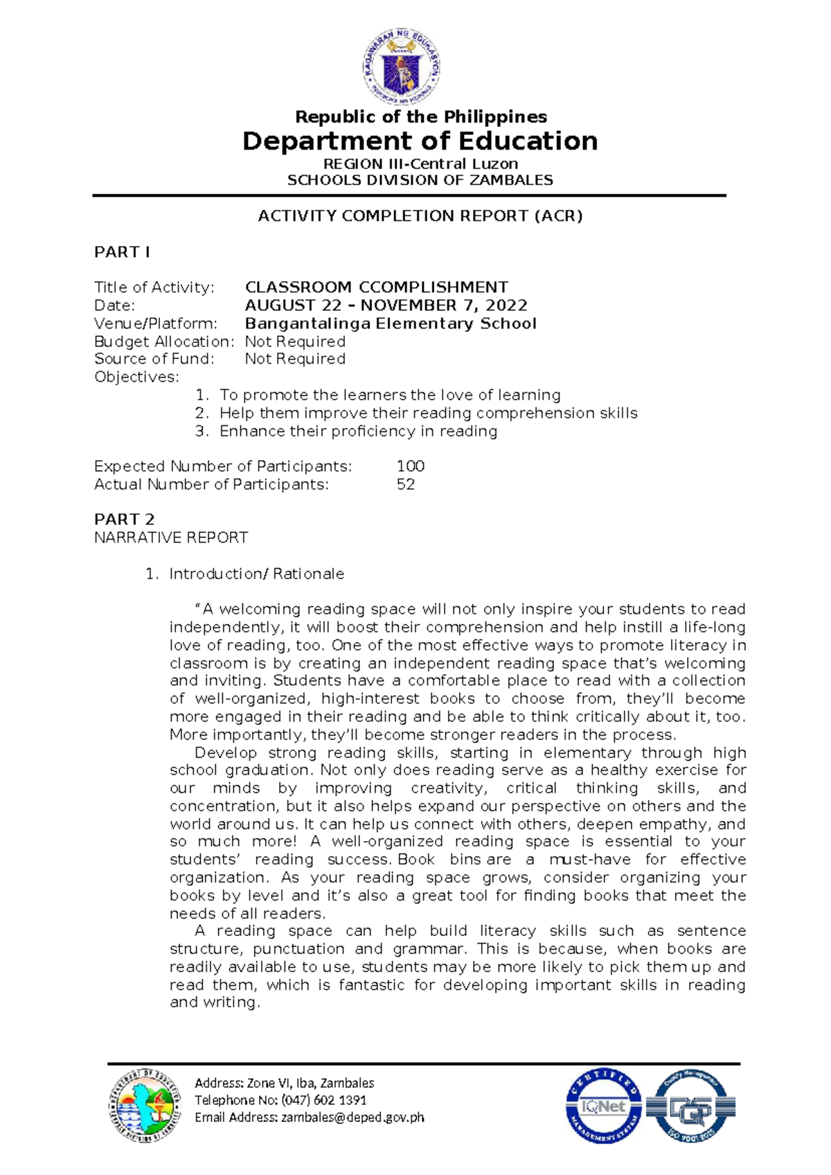 ACR-ON-ROOM: Classroom Accomplishment Report for Aug-Nov 2022 - Studocu