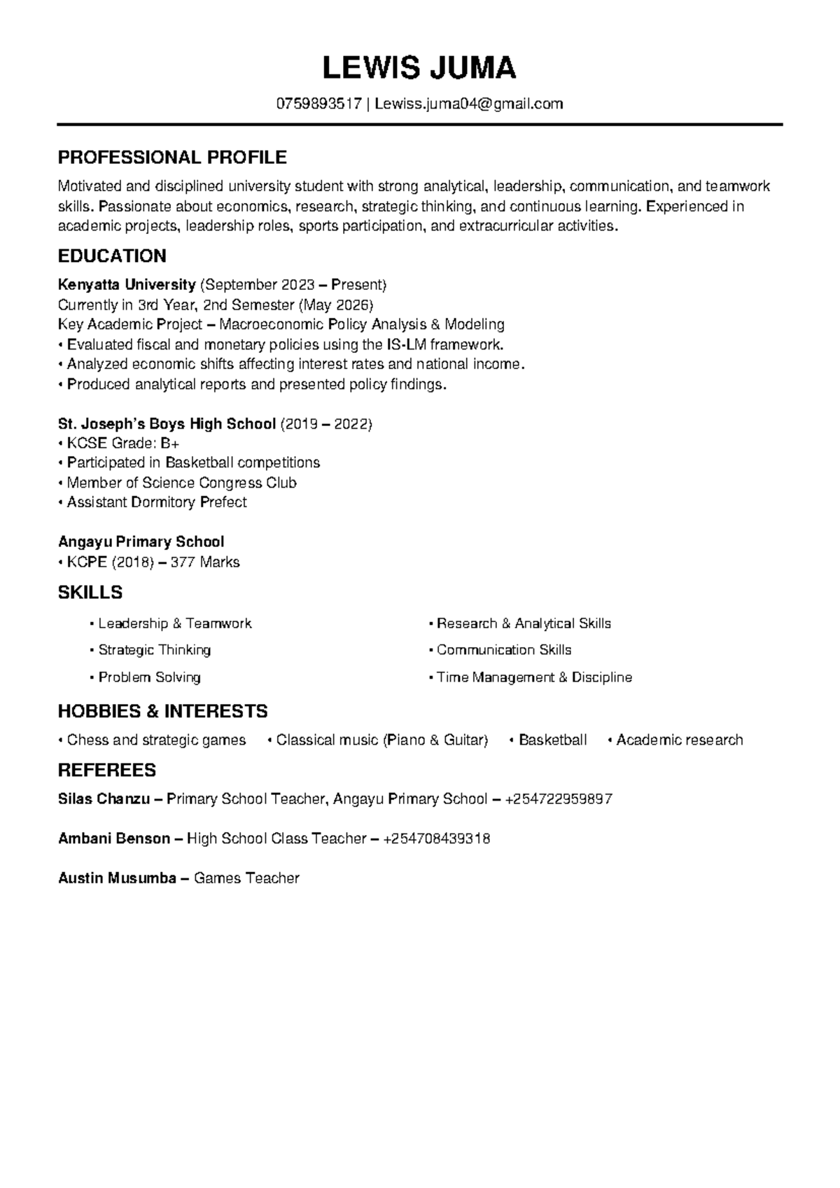 LEWIS JUMA 0759893517 PROFESSIONAL CV & PROFILE - Studocu