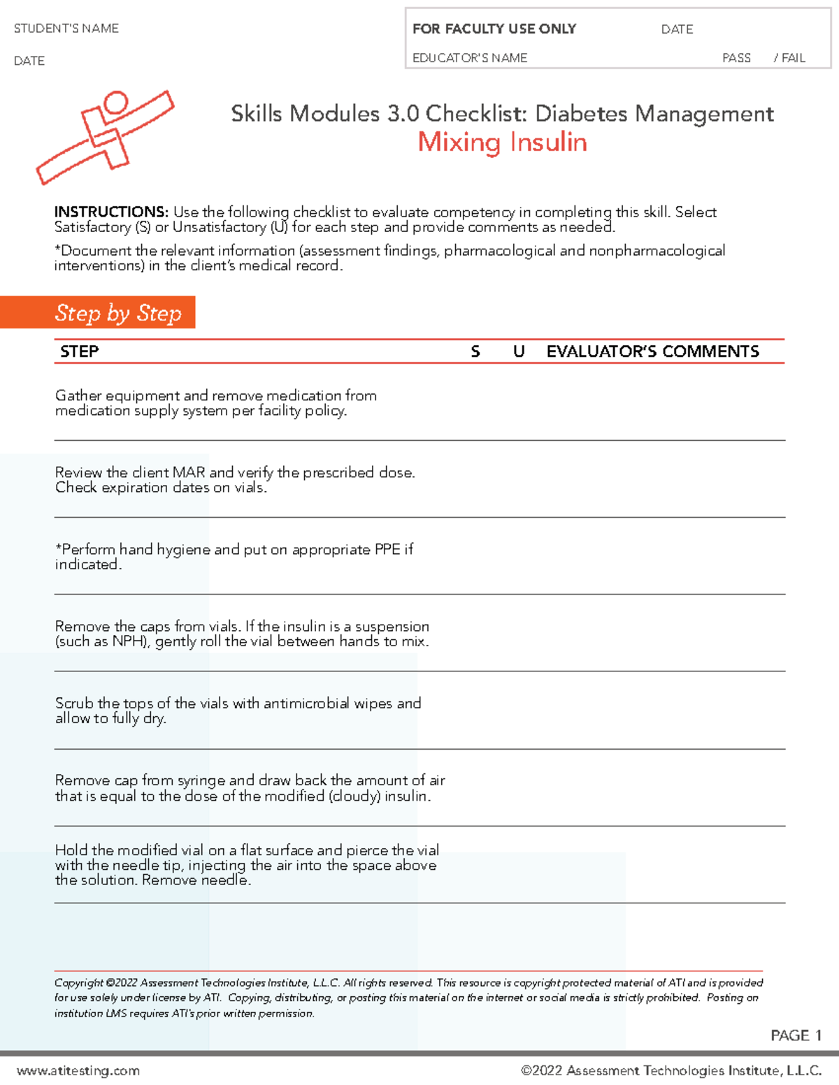 ATI Skills Module 3.0: Diabetes Management - Mixing Insulin Checklist ...
