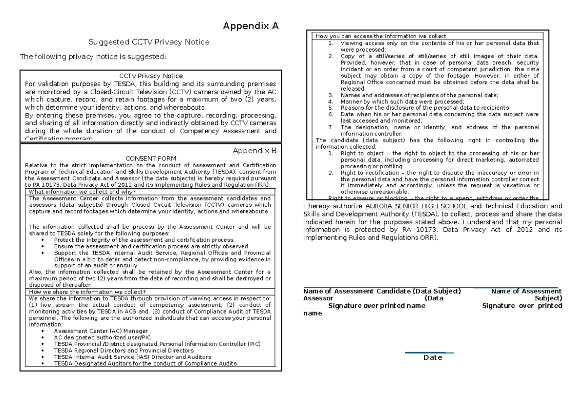CCTV Consent Form: AURORA SENIOR HIGH & TESDA Guidelines - Studocu