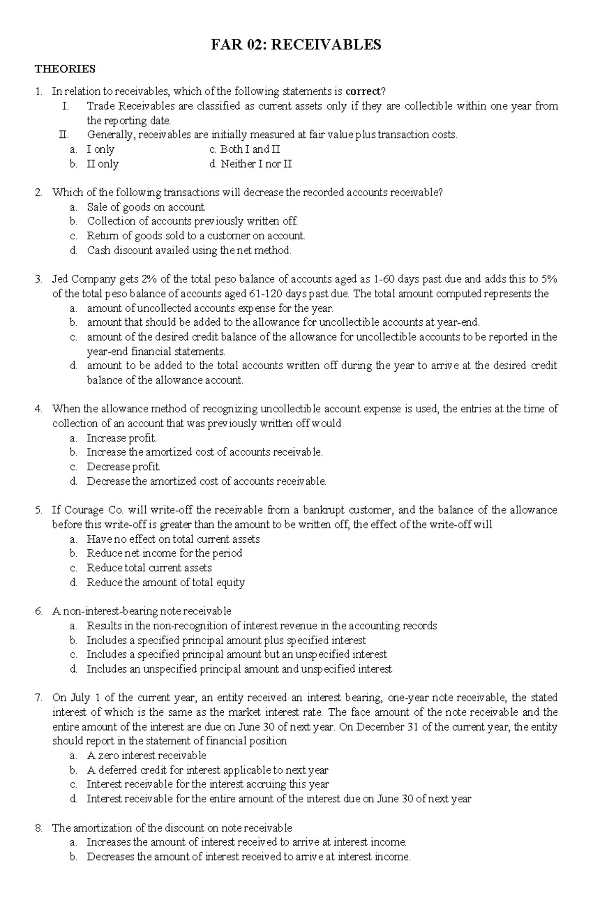 FAR 02: Receivables - Practice Questions and Theories - Studocu