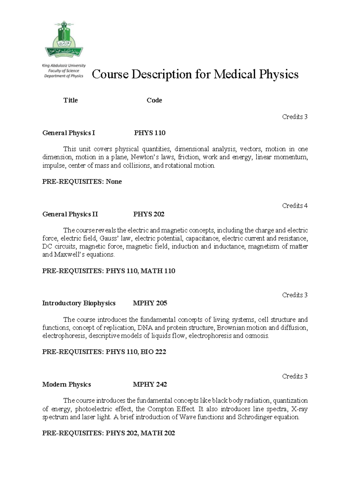 Course Descriptions for Medical Physics (MPHY) and General Physics ...