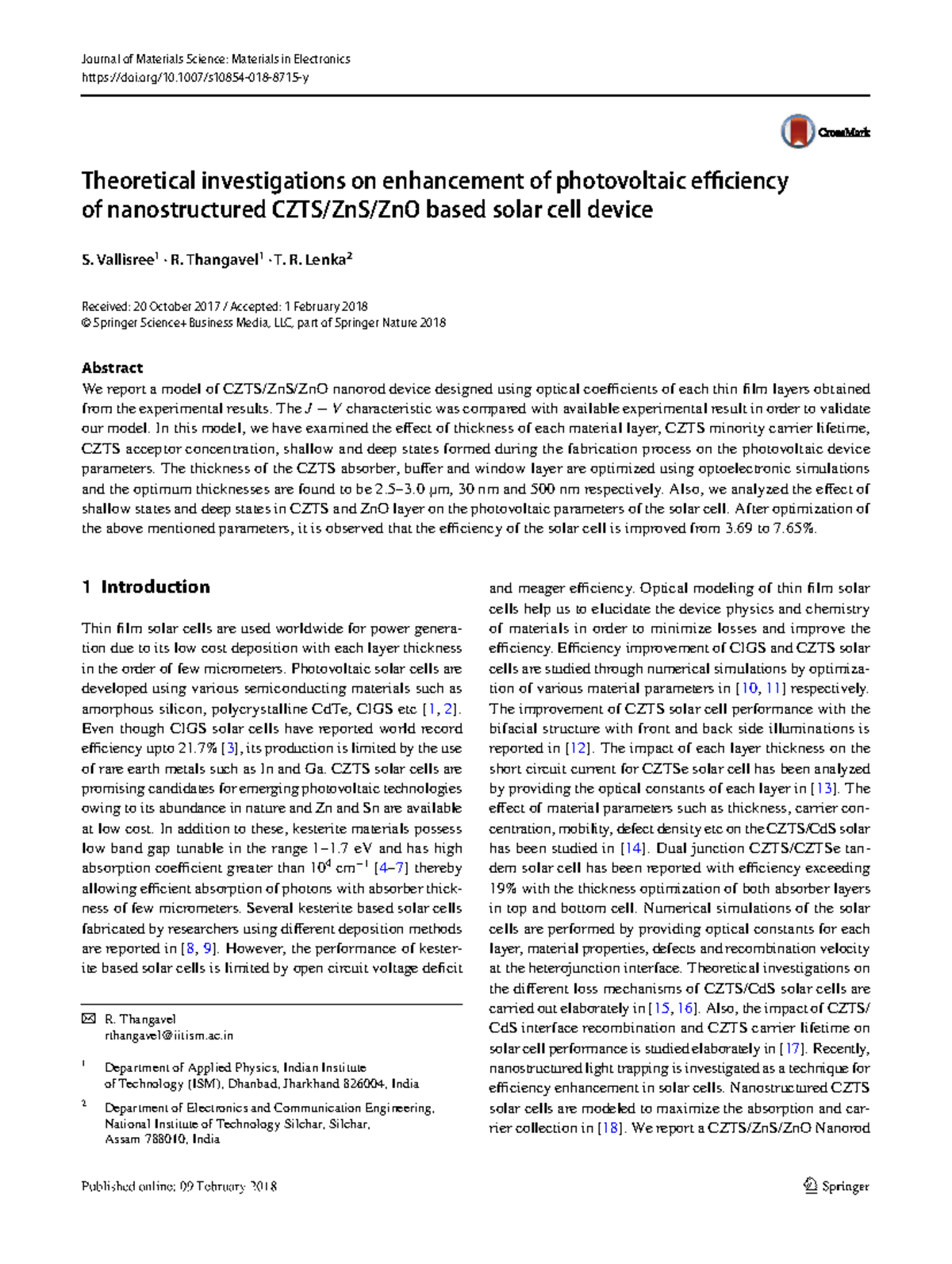 Theoretical Investigations on Photovoltaic Efficiency of CZTS Solar ...