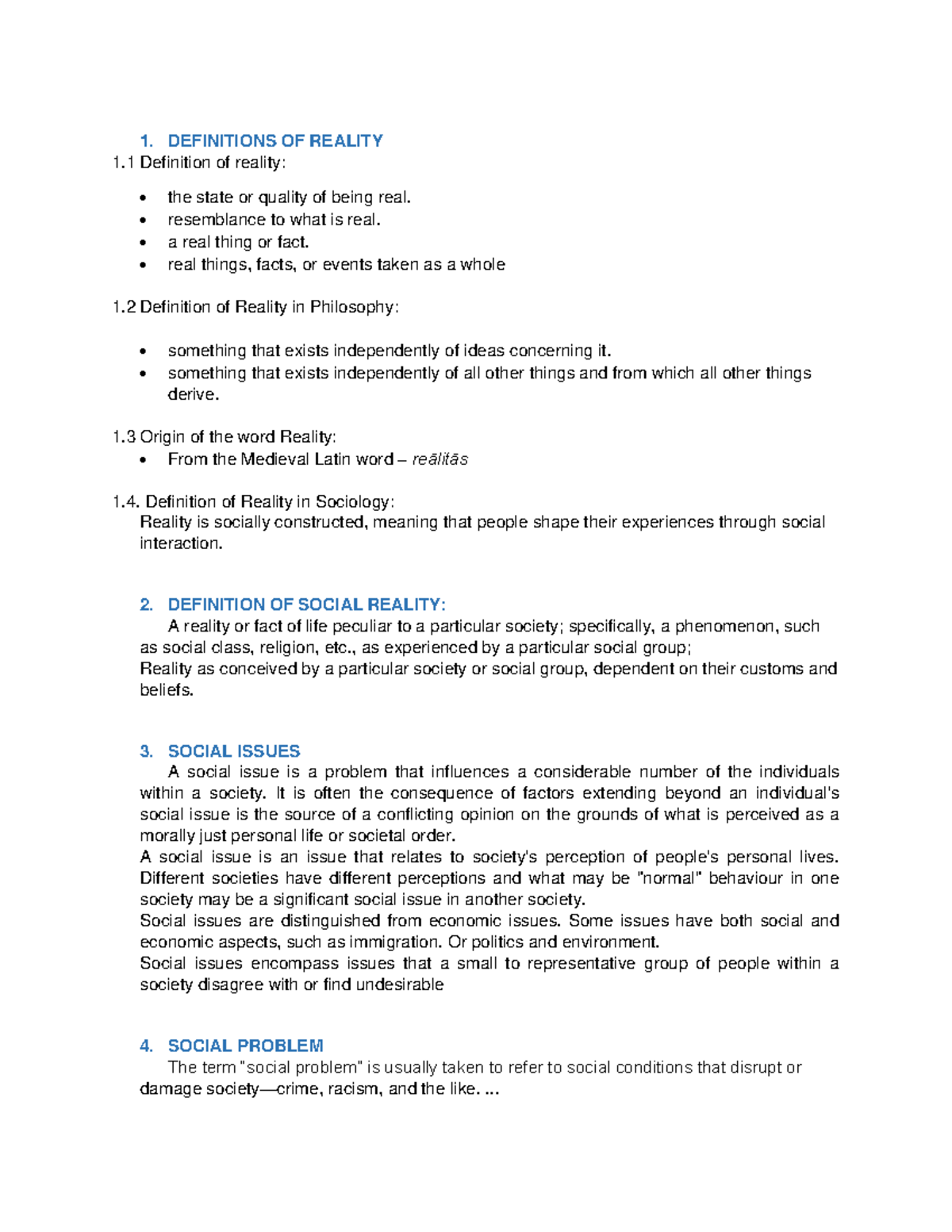 Social reality (1)-1-1 - 1. DEFINITIONS OF REALITY 1 Definition of ...