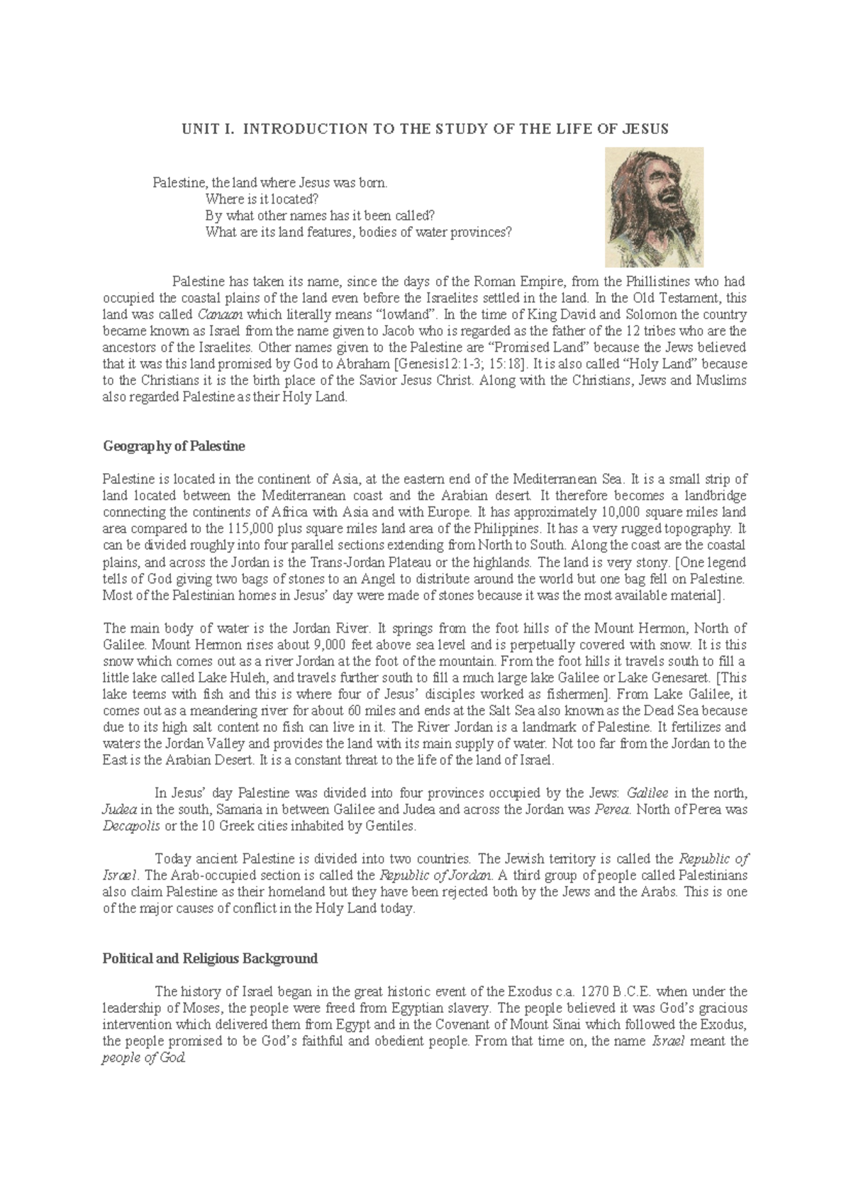 UNIT I: Introduction to the Life of Jesus in Palestine - Studocu
