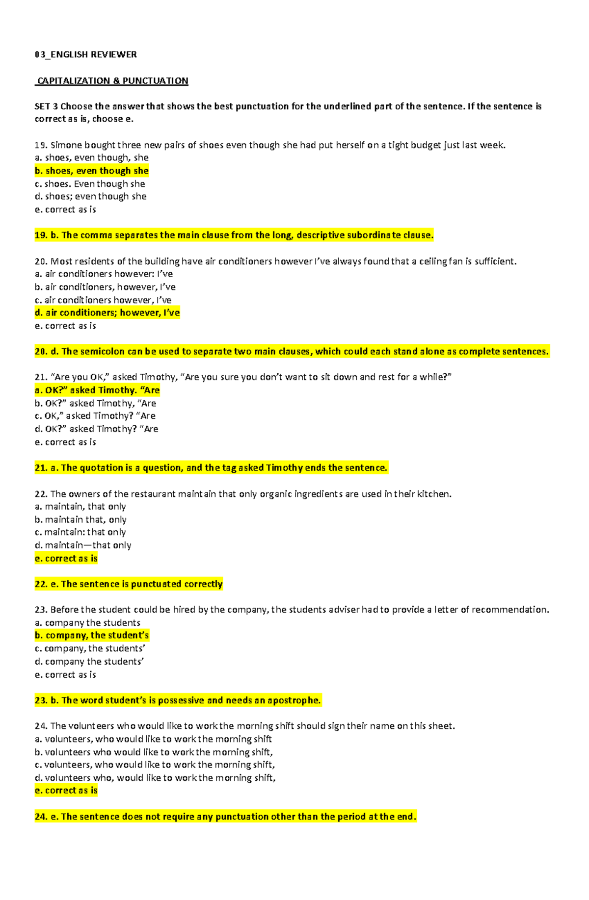 Answer Key 03: English Review - Capitalization, Punctuation & Agreement ...