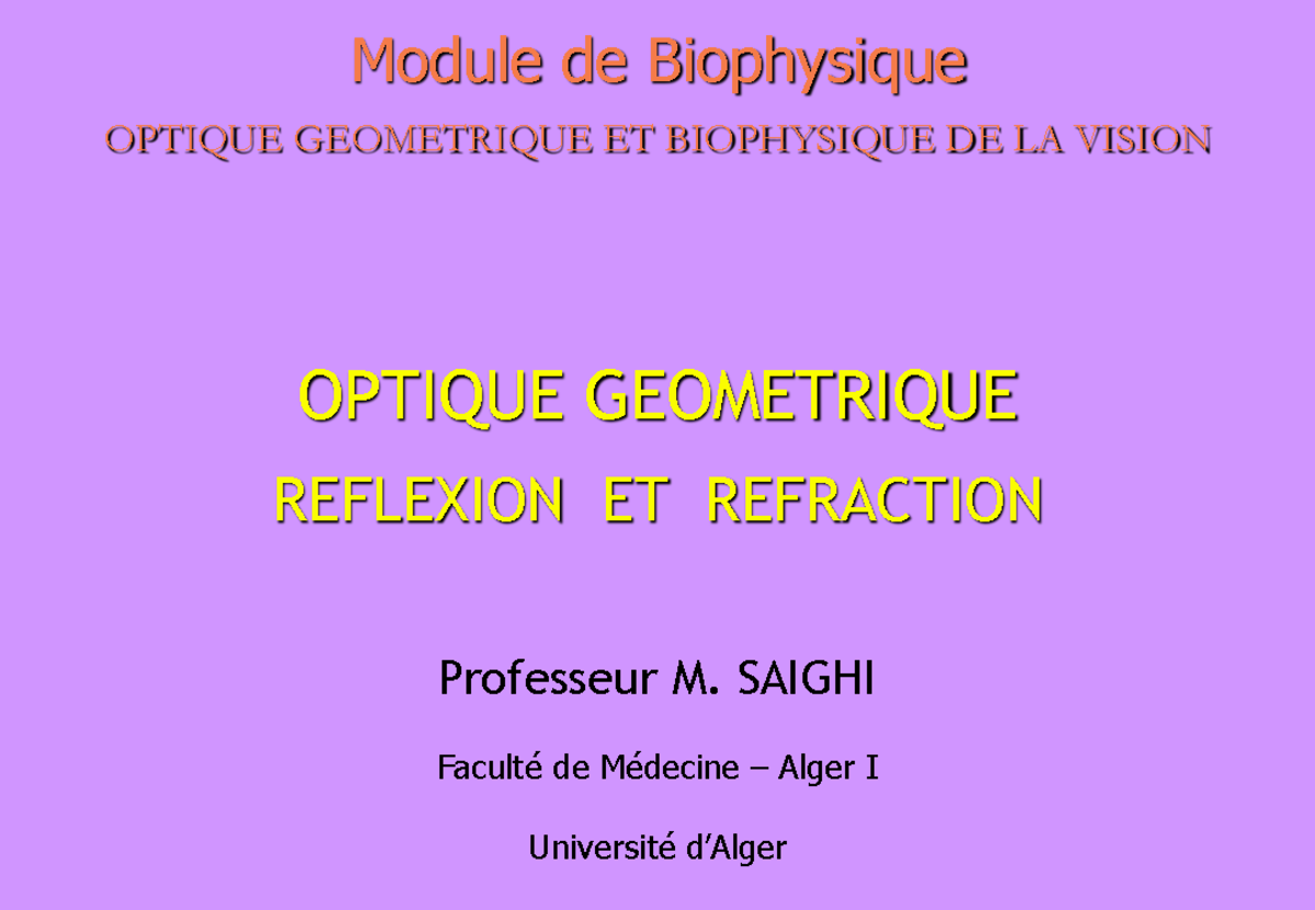 Réflexion et Réfraction en Optique Géométrique - Module Biophysique ...