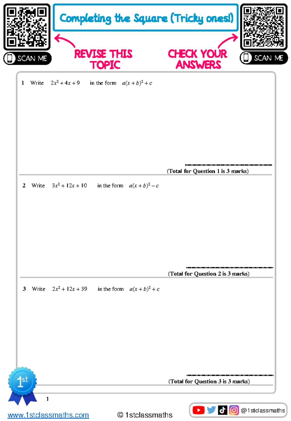 Completing the Square: Tricky Problems SCAN ME - Edexcel - Studocu