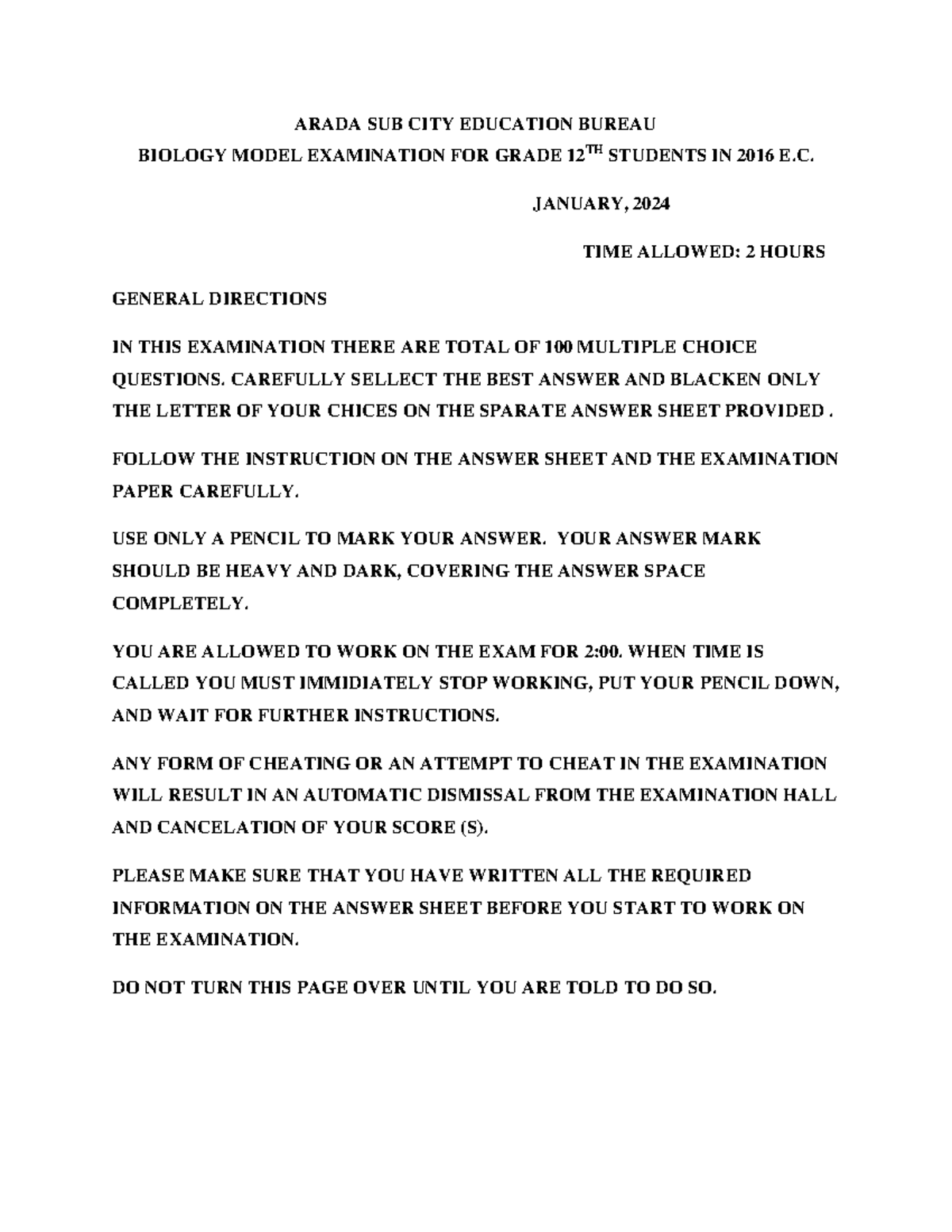 Biology G12 Model Exam 2016: Comprehensive MCQ Review - Studocu