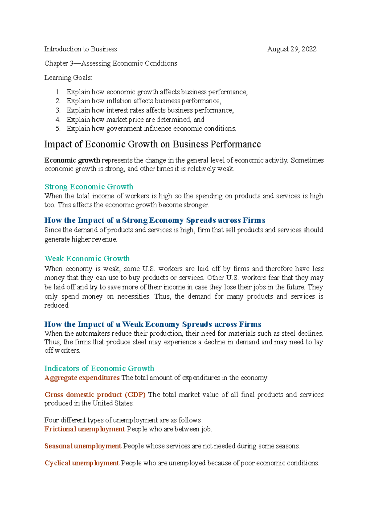 Introduction to Business: Part I - Chapter 3 Economic Conditions ...