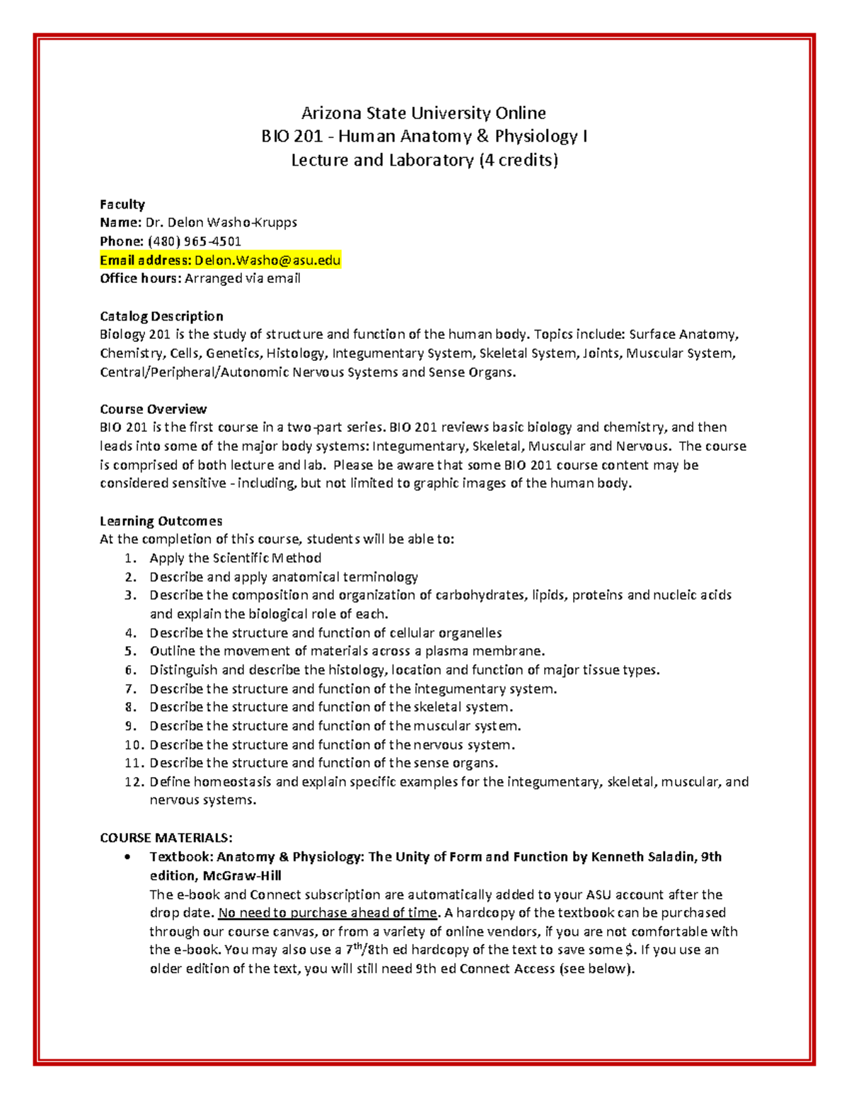 BIO 201 Syllabus - Arizona State University Online BIO 201 - Human ...