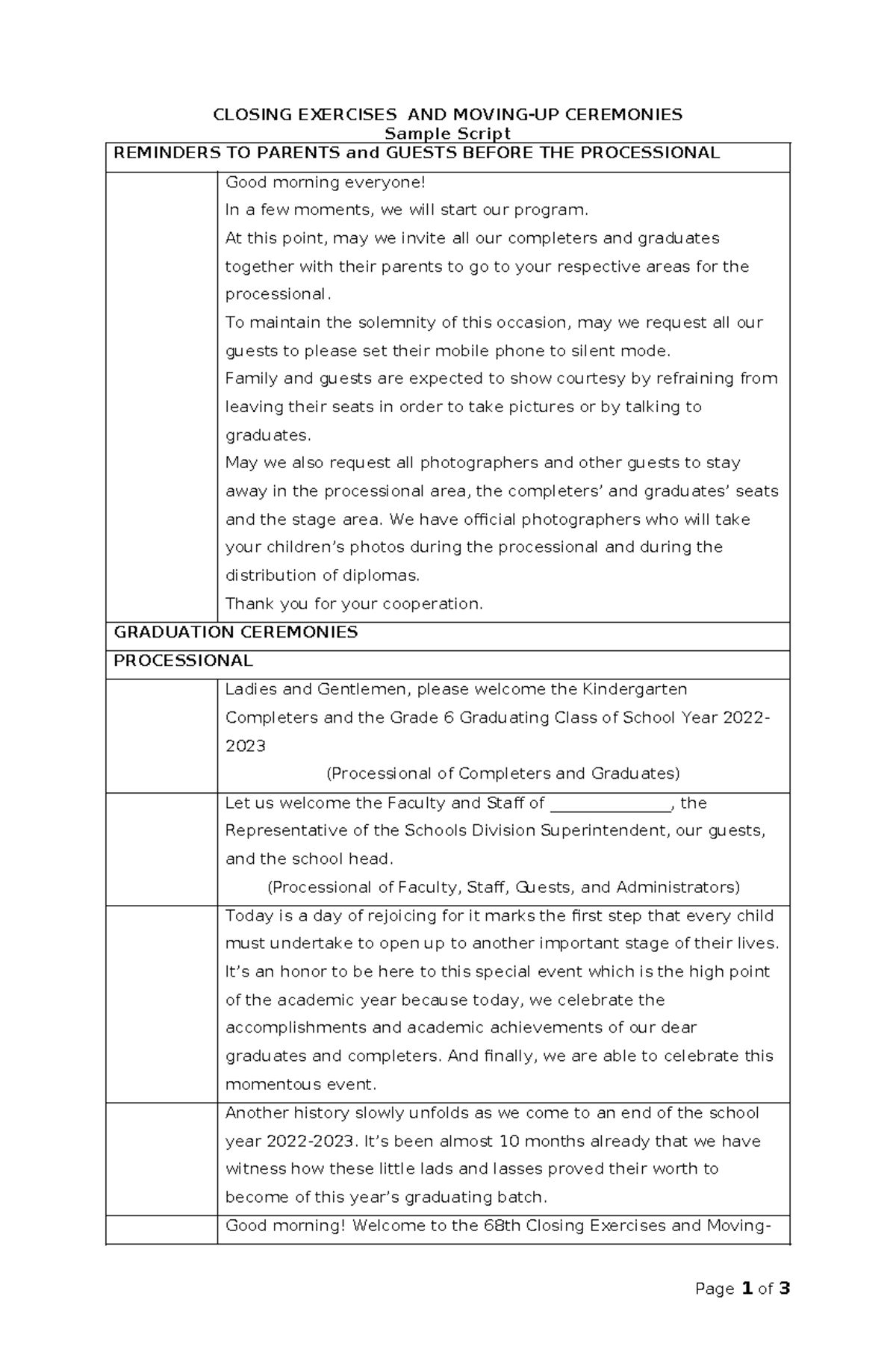 Sample graduation script for the 68th closing exercises - Studocu