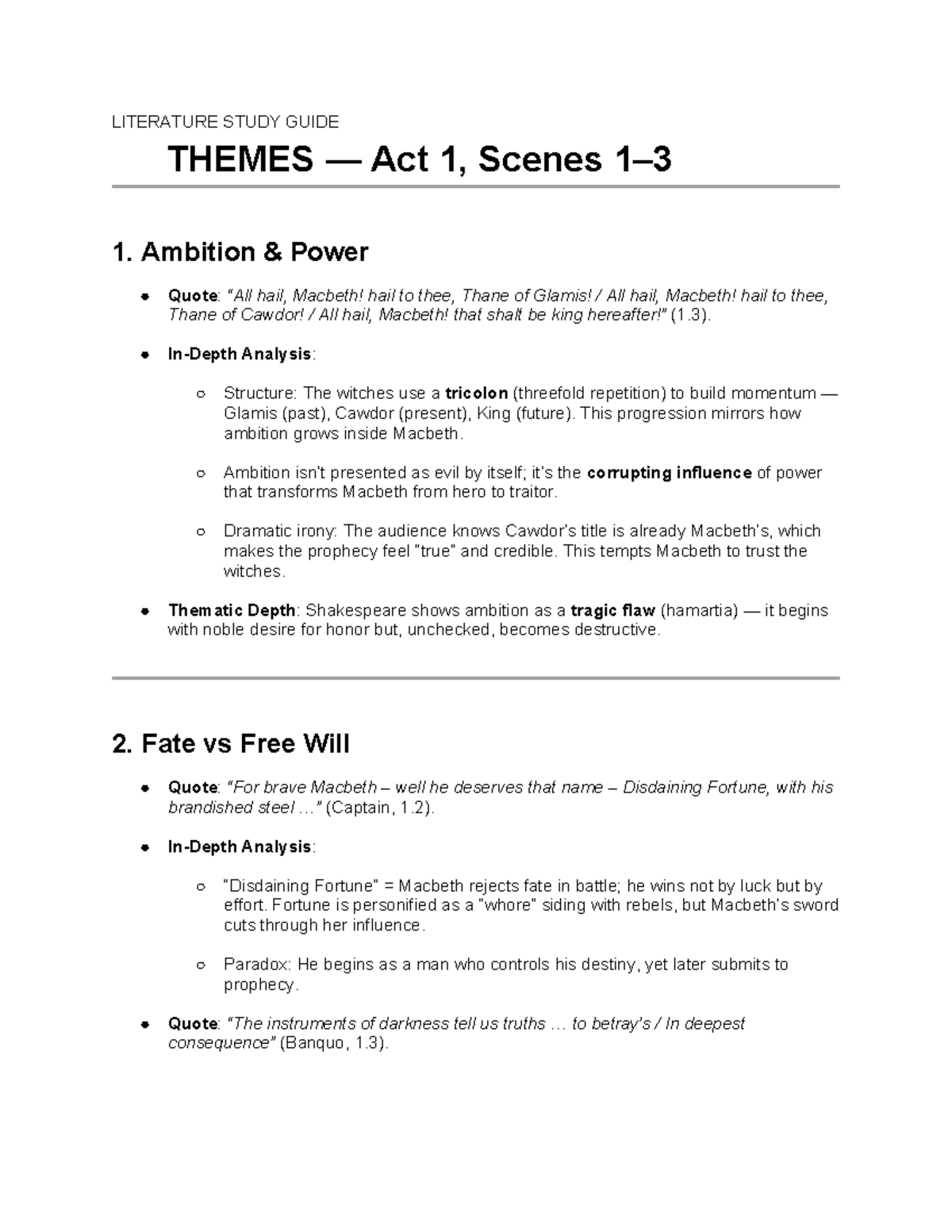 LIT 101: Study Guide on Themes in Macbeth - Act 1 Analysis - Studocu