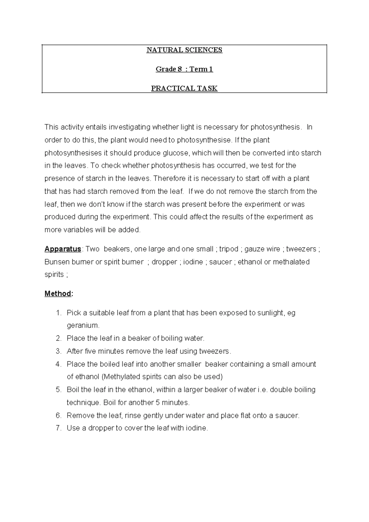 TERM 1 GR 8 TEST - PRACTICE MATERIALS - Time: 1hr 30 min Marks: 50 N ...