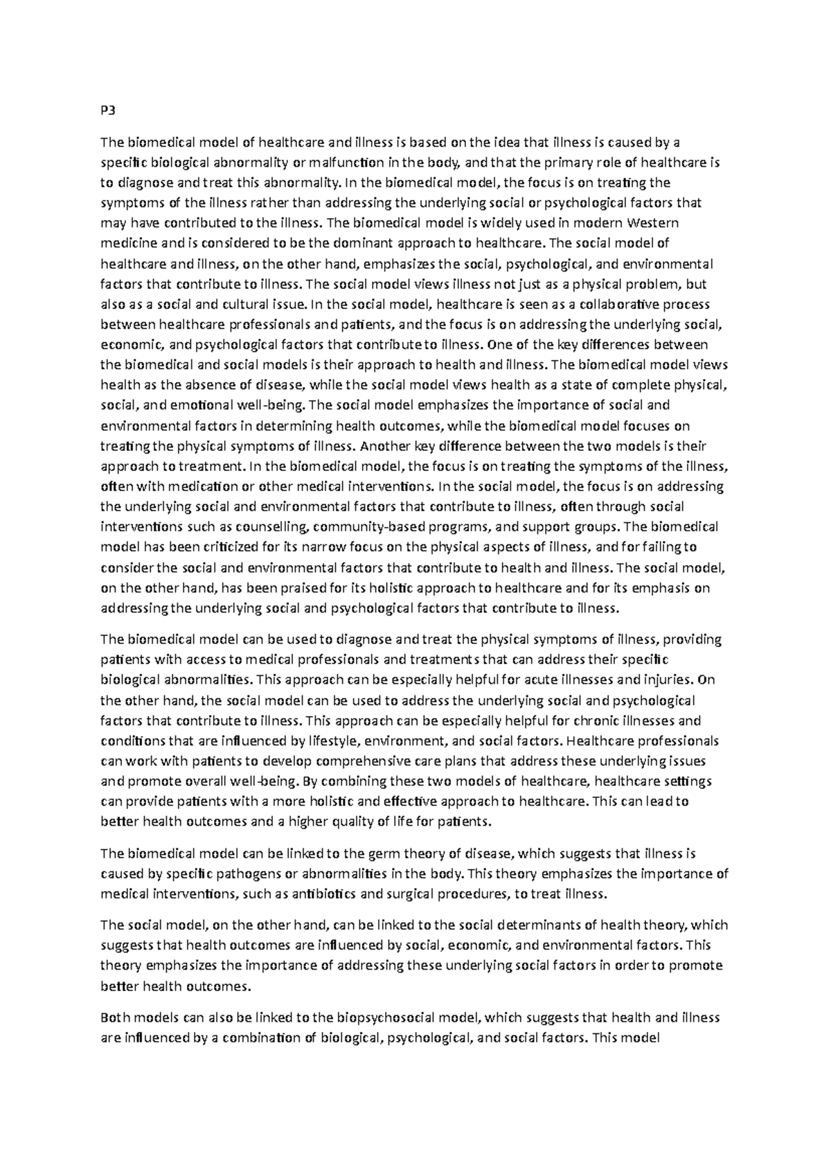 Comparative Analysis of Biomedical and Social Models of Health (HSC101 ...