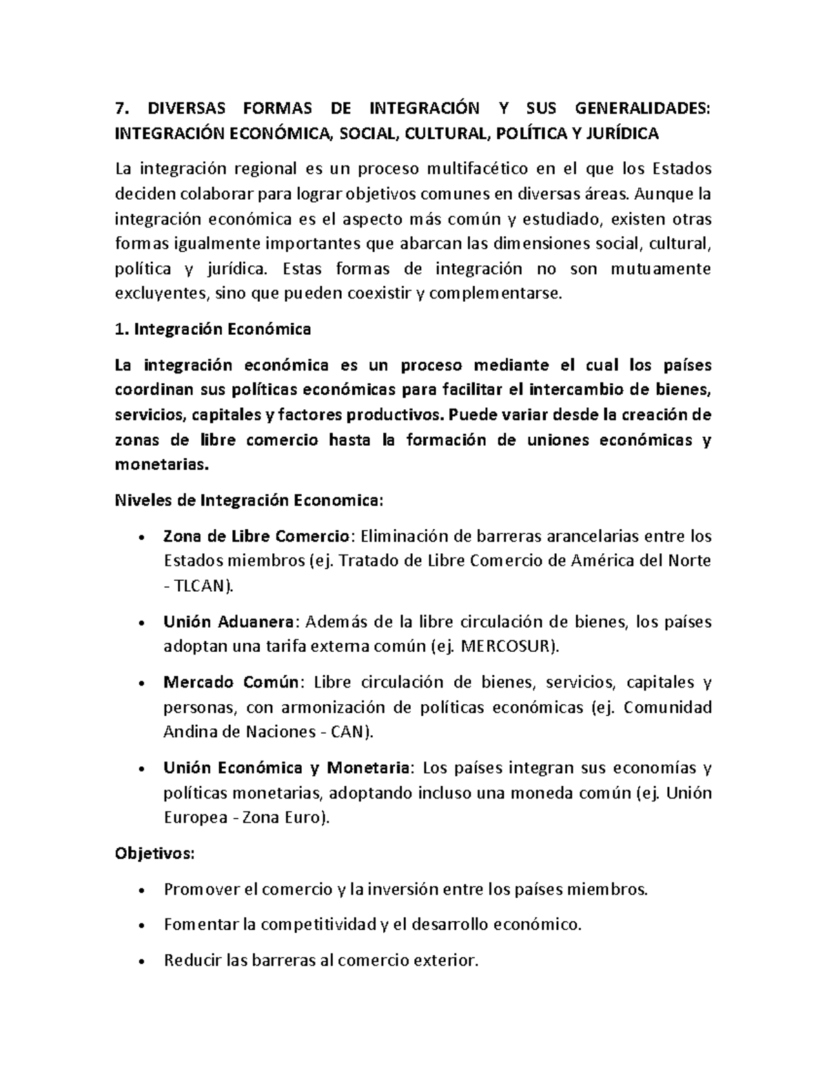7. Formas de Integración: Económica, Social, Cultural, Política y ...