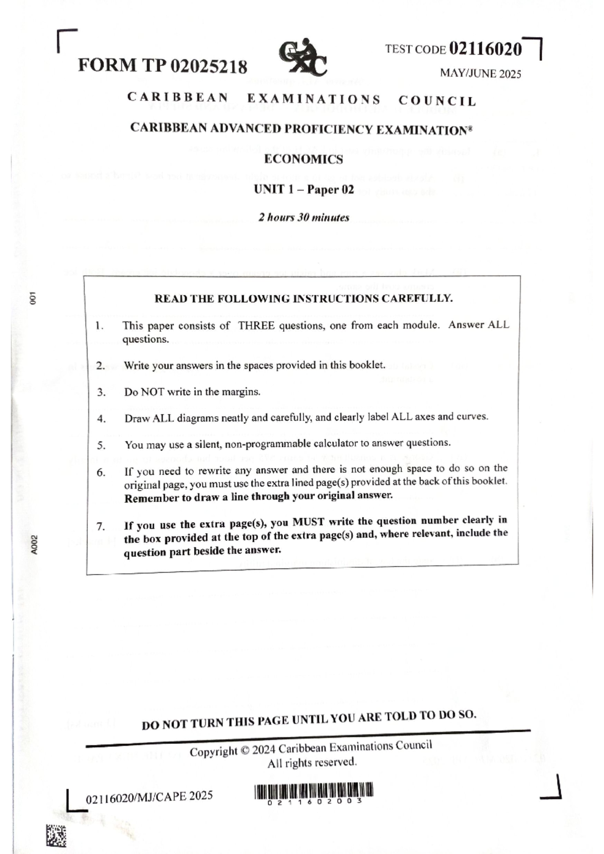 Economics Unit 1 Paper 02 2025 - Caribbean Examinations Council - Studocu