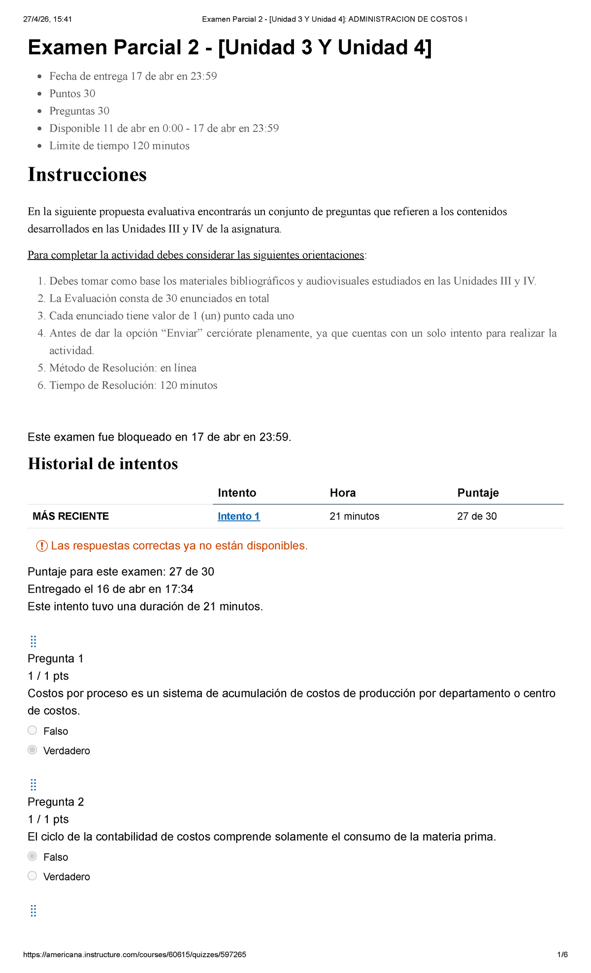 Examen Parcial 2 - Unidades 3 y 4 ADMINISTRACION DE COSTOS I - Studocu