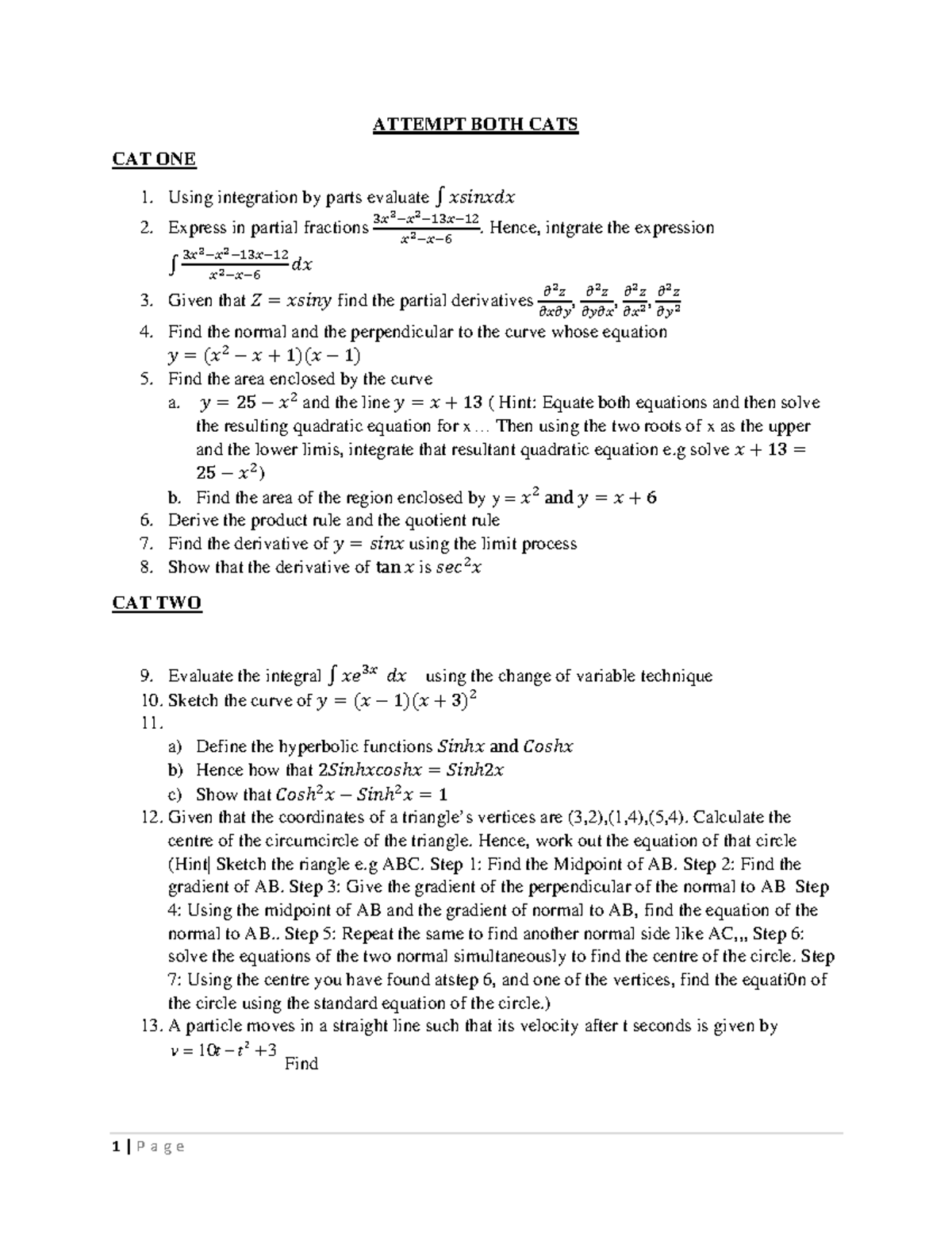 Calculus Revision Papers: CAT 1 & CAT 2 Practice Problems - Studocu