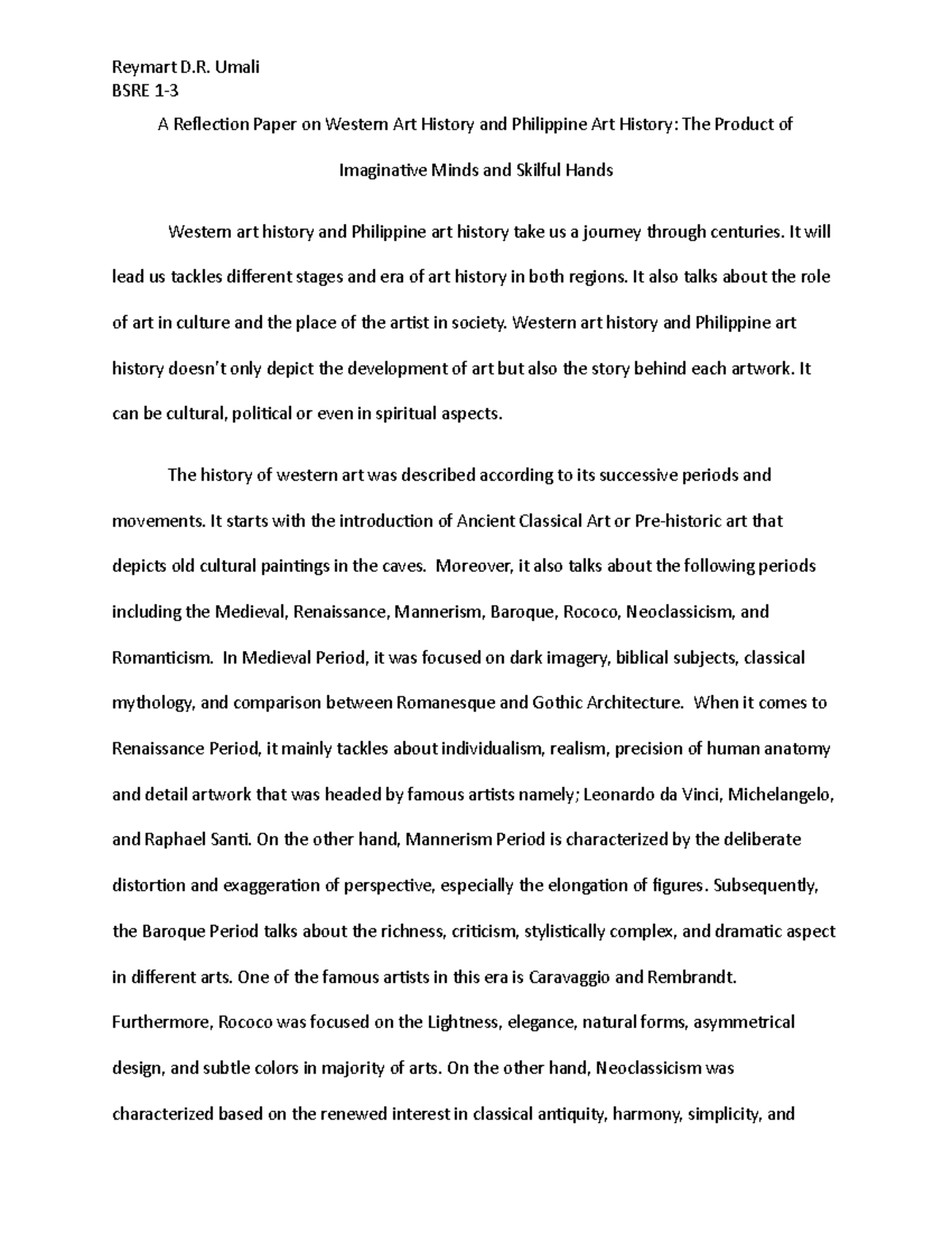 A Reflection Paper on Western Art History and Philippine Art History ...