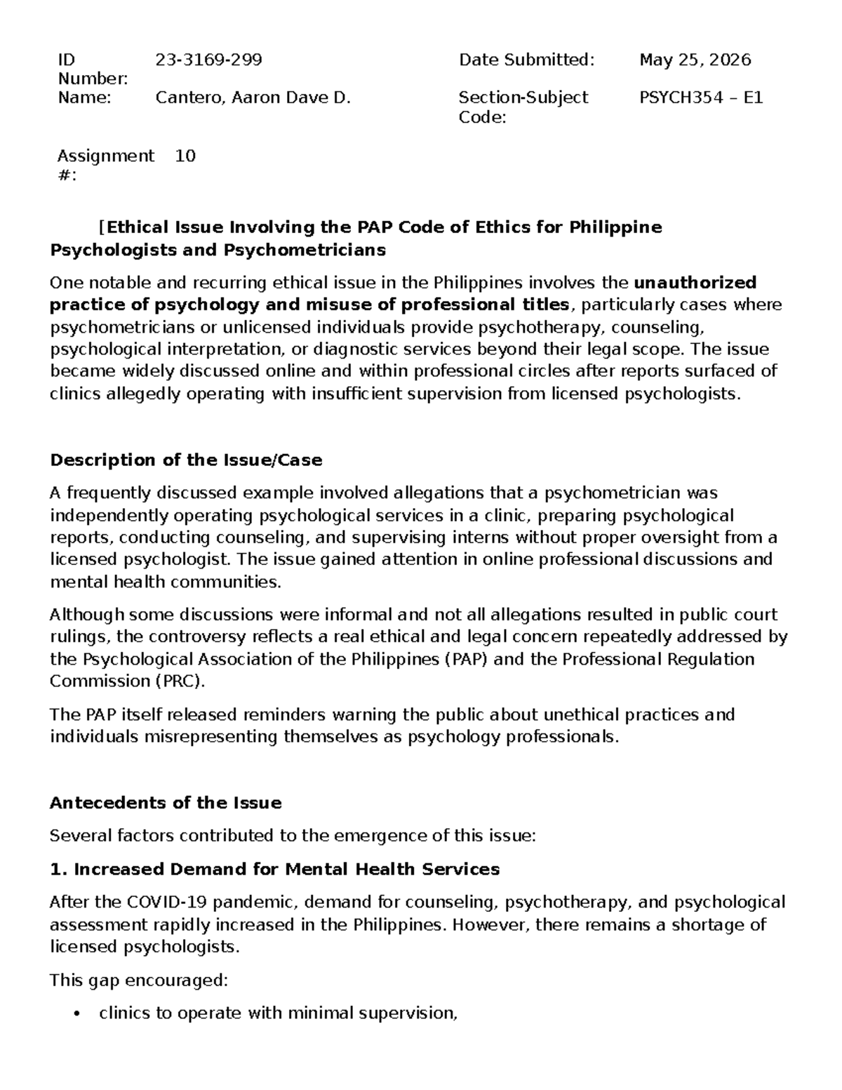 PSYCH354 E1 10: Ethical Issues in Philippine Psychology Practice - Studocu