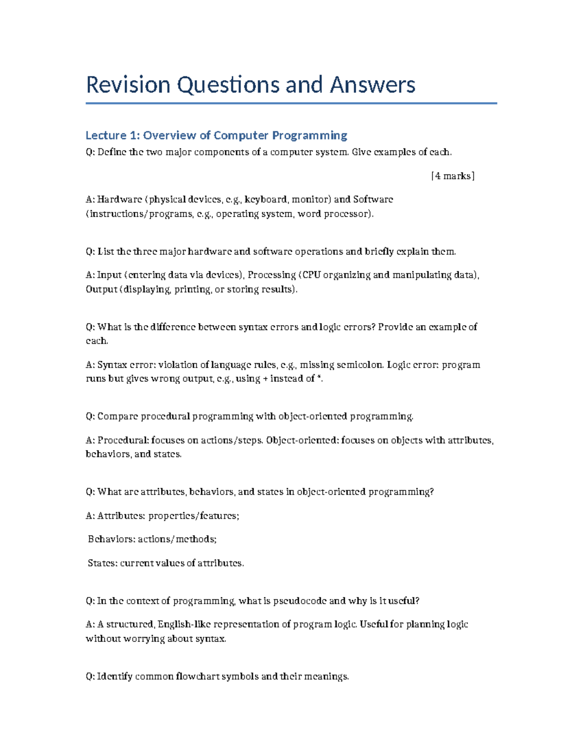 Revision Questions & Answers: Computer Programming Overview (CS101) - Studocu