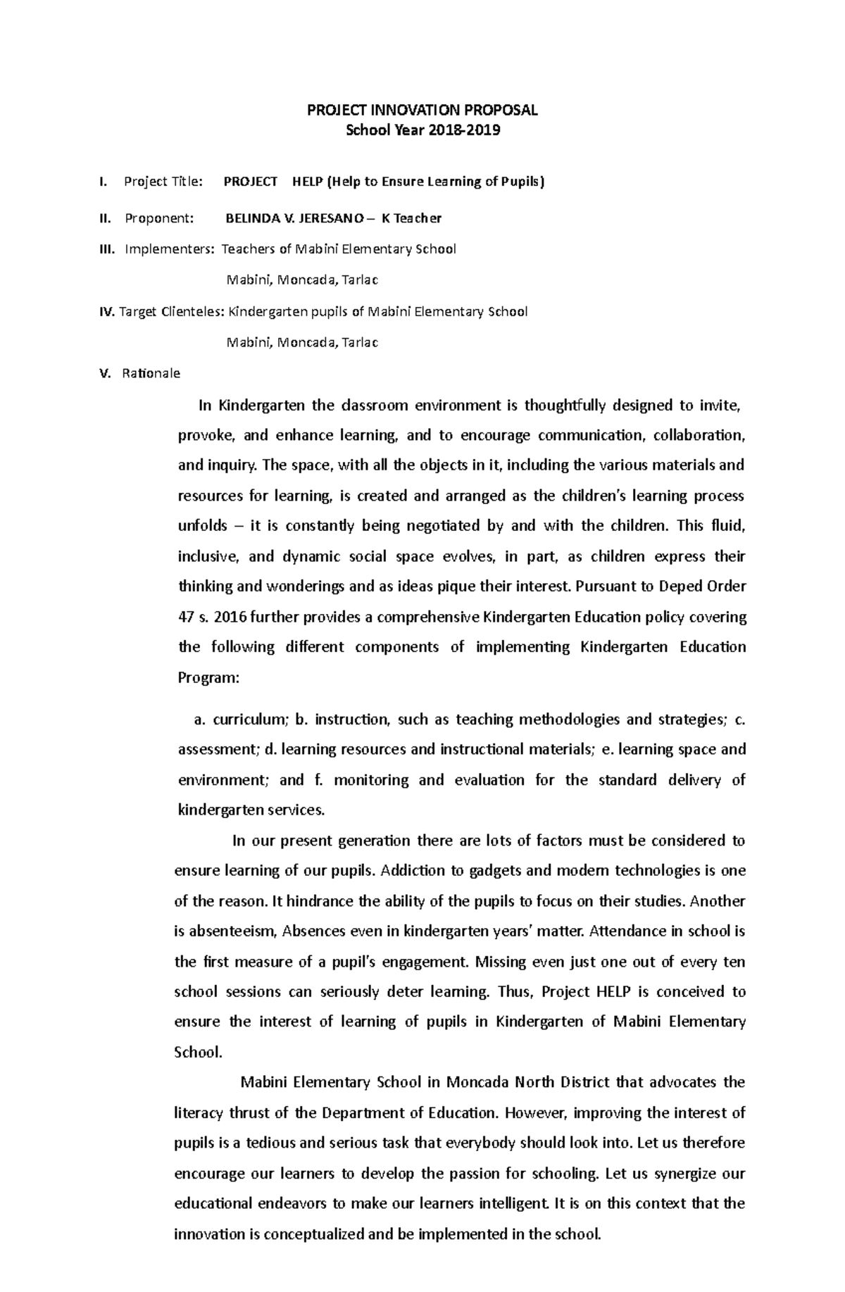 Project HELP: Innovative Proposal for Kindergarten Learning Enhancement ...