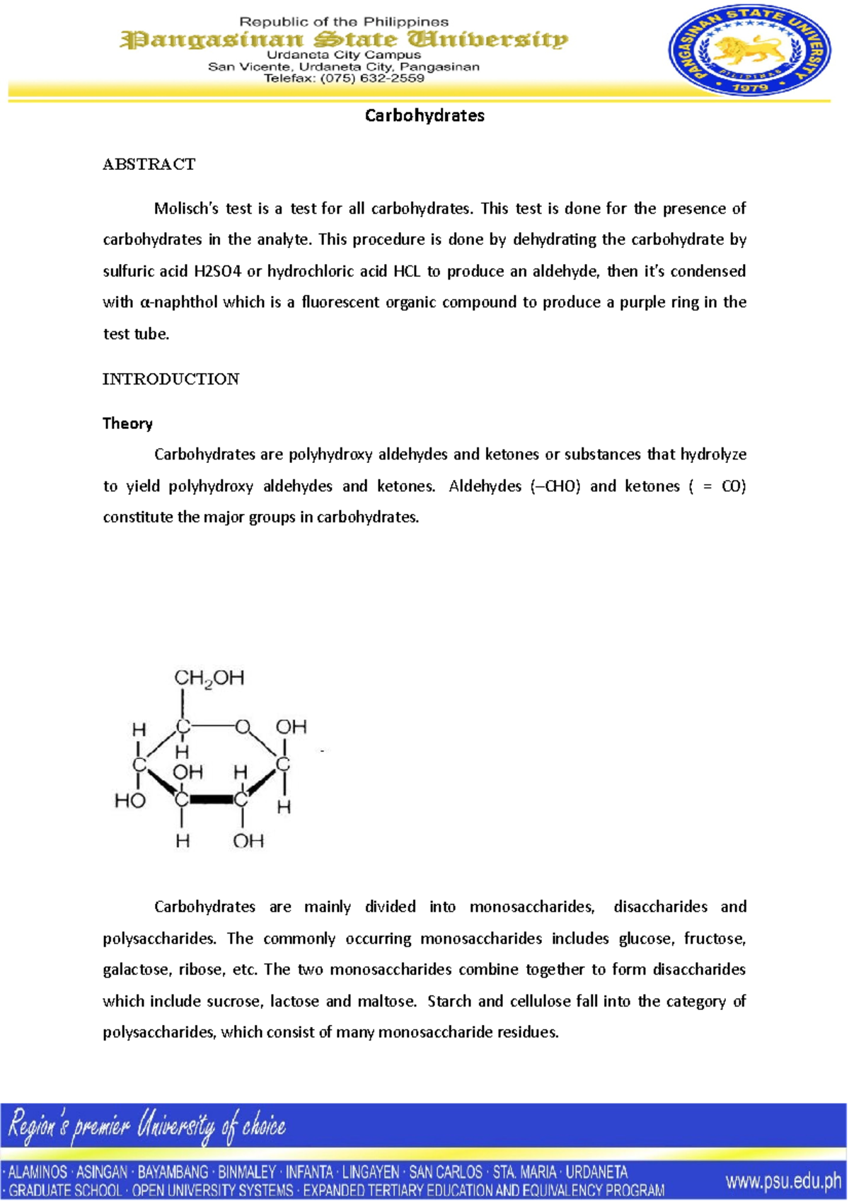 Biochemistry Lab Report: Carbohydrates and Molisch’s Test Analysis ...