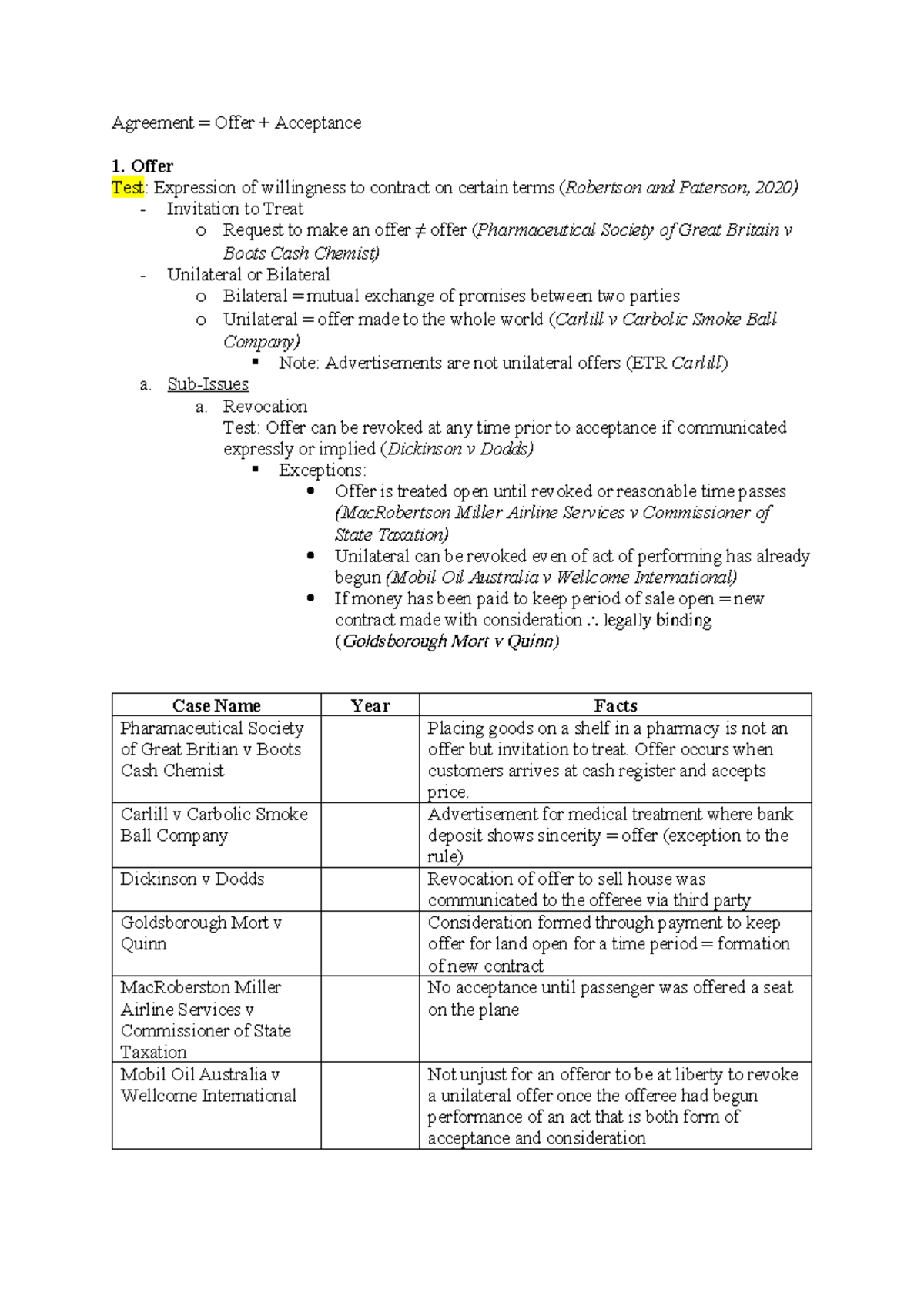 Super Summaries - Contracts (LAW101) - Offer, Acceptance, and Consideration - Studocu
