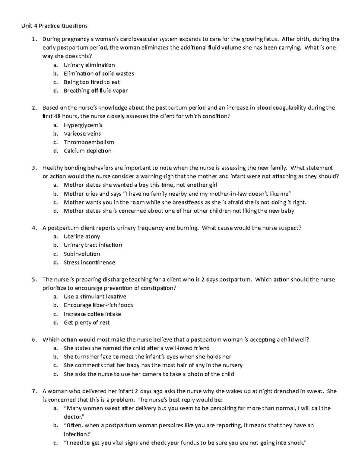 PN 123 Postpartum Unit 4 Practice Questions and Answers - Studocu