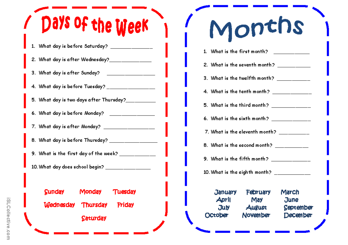 Days and Months Practice Sheets for A1/2 English Students - Studocu