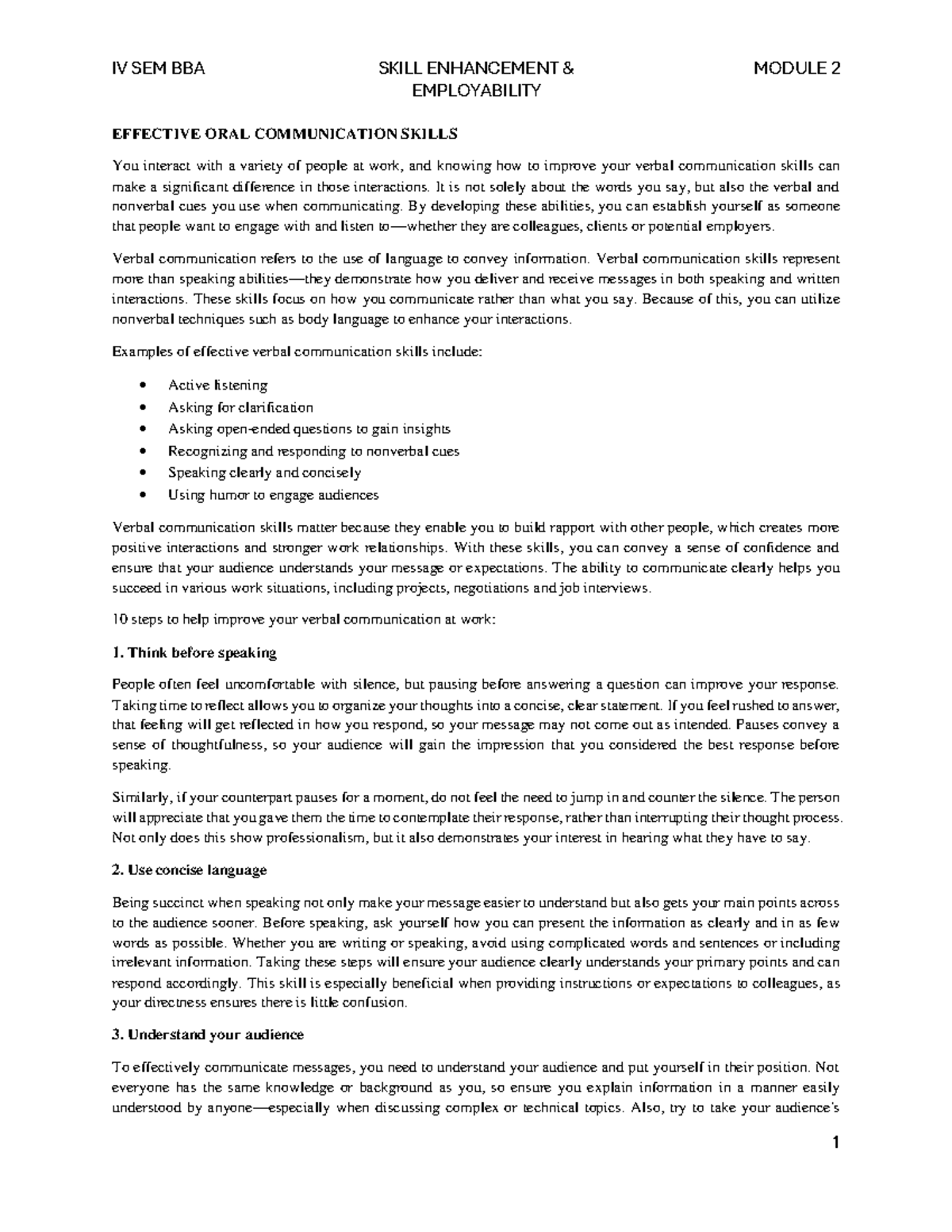 IV SEM BBA Skill Enhancement: Effective Oral Communication Skills Notes ...
