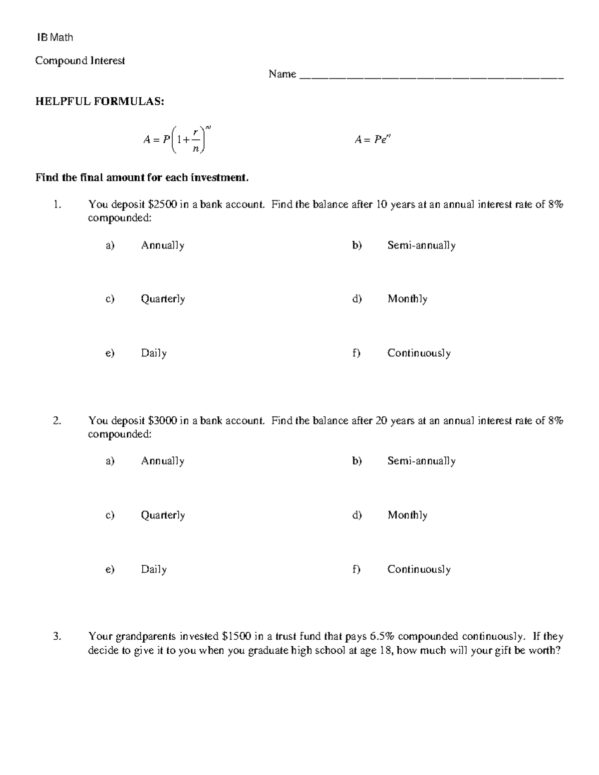 Exponential Applications Day2 HW - WS Compound Interest Name - Studocu