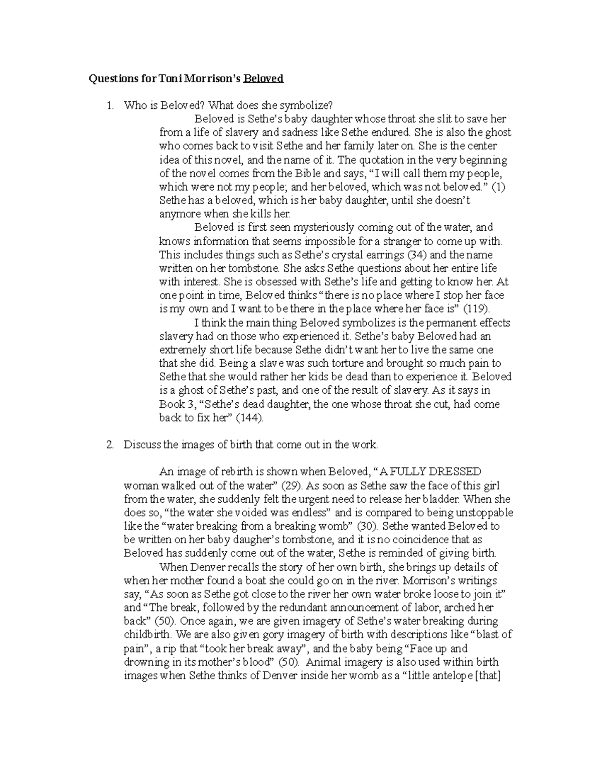 Questions for Toni Morrison’s Beloved - Questions for Toni Beloved 1 ...
