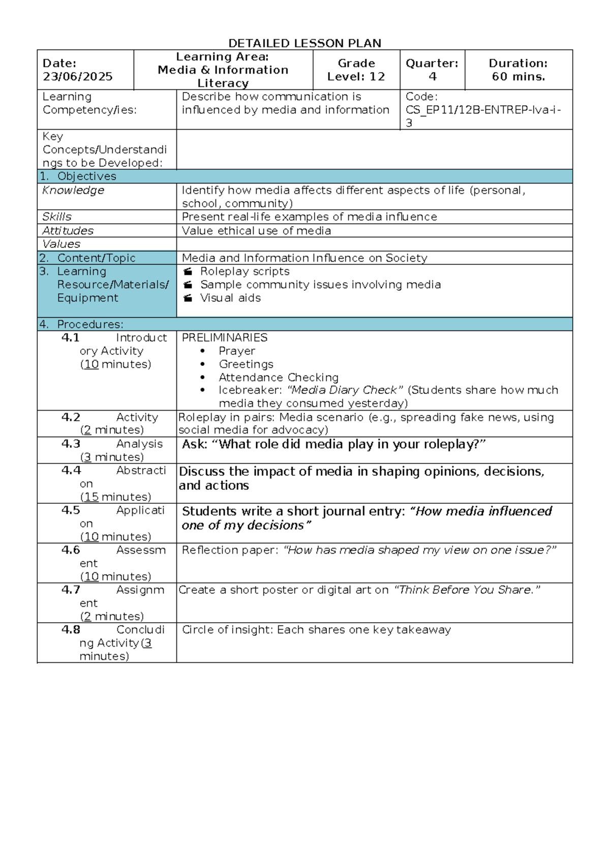 Grade 12 Media Information Literacy Detailed Lesson Plan - Studocu