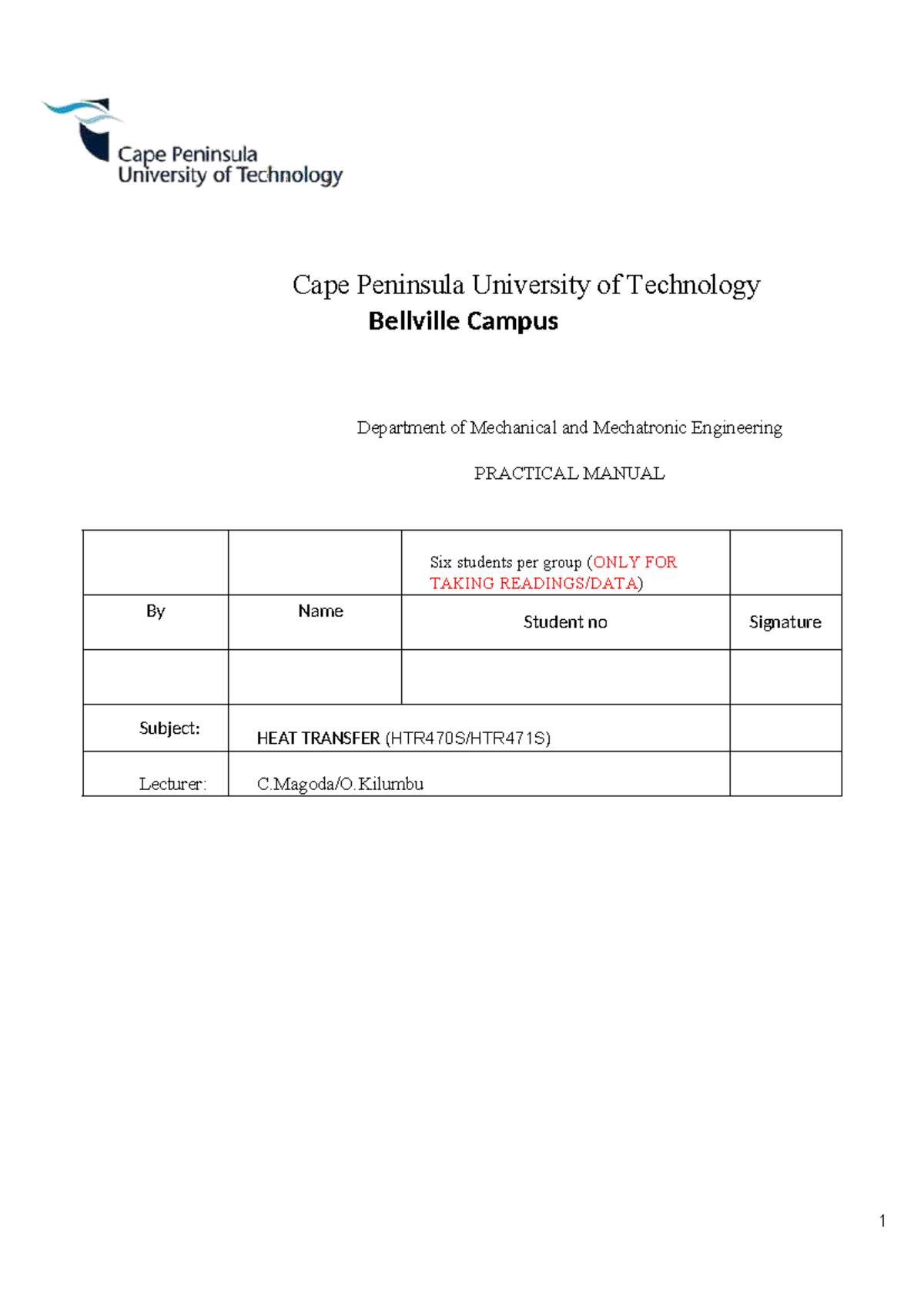 Heat transfer practical manual (MECH 101) for concentric tube heat ...