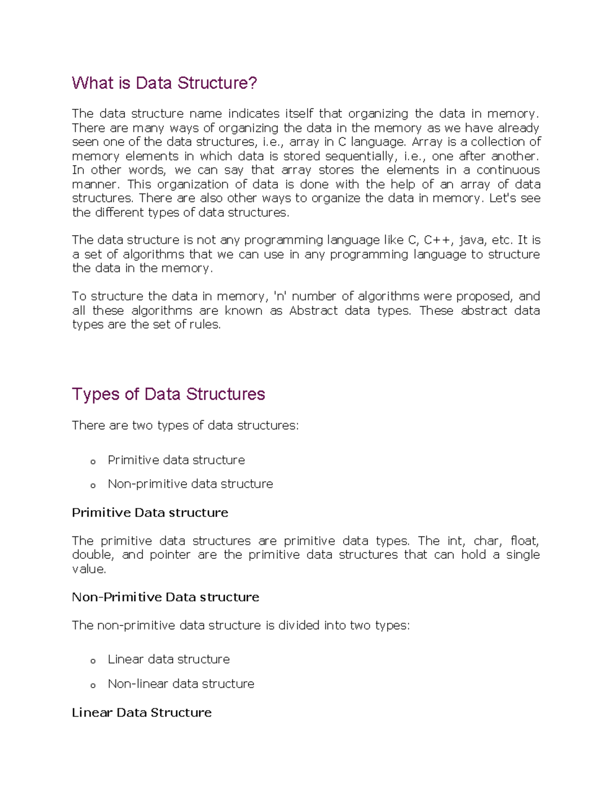 Data Structures Overview: Types, Operations, and Concepts - Studocu