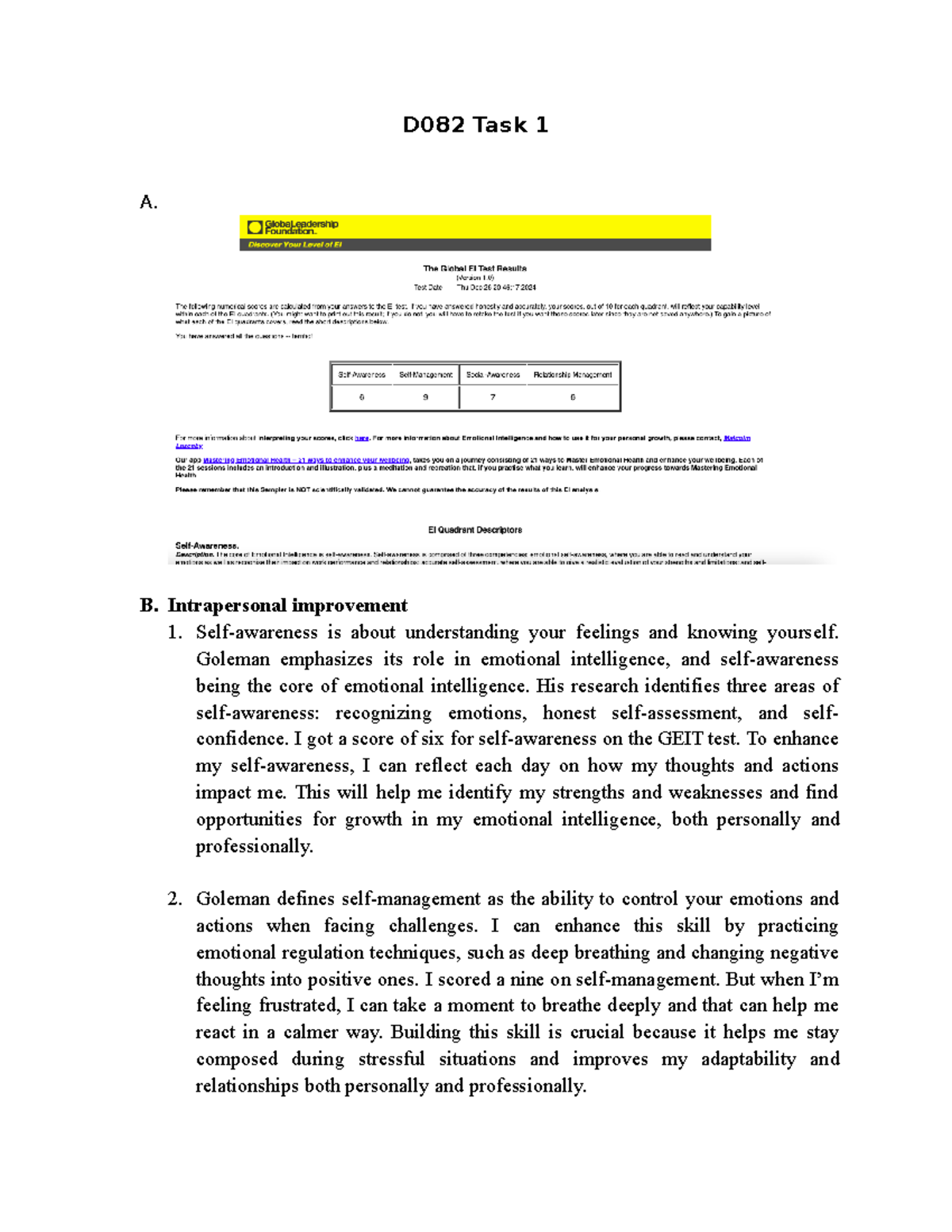 D082 Task 1 - Passed first try - D082 Task 1 A. B. Intrapersonal improvement 1. Self-awareness ...