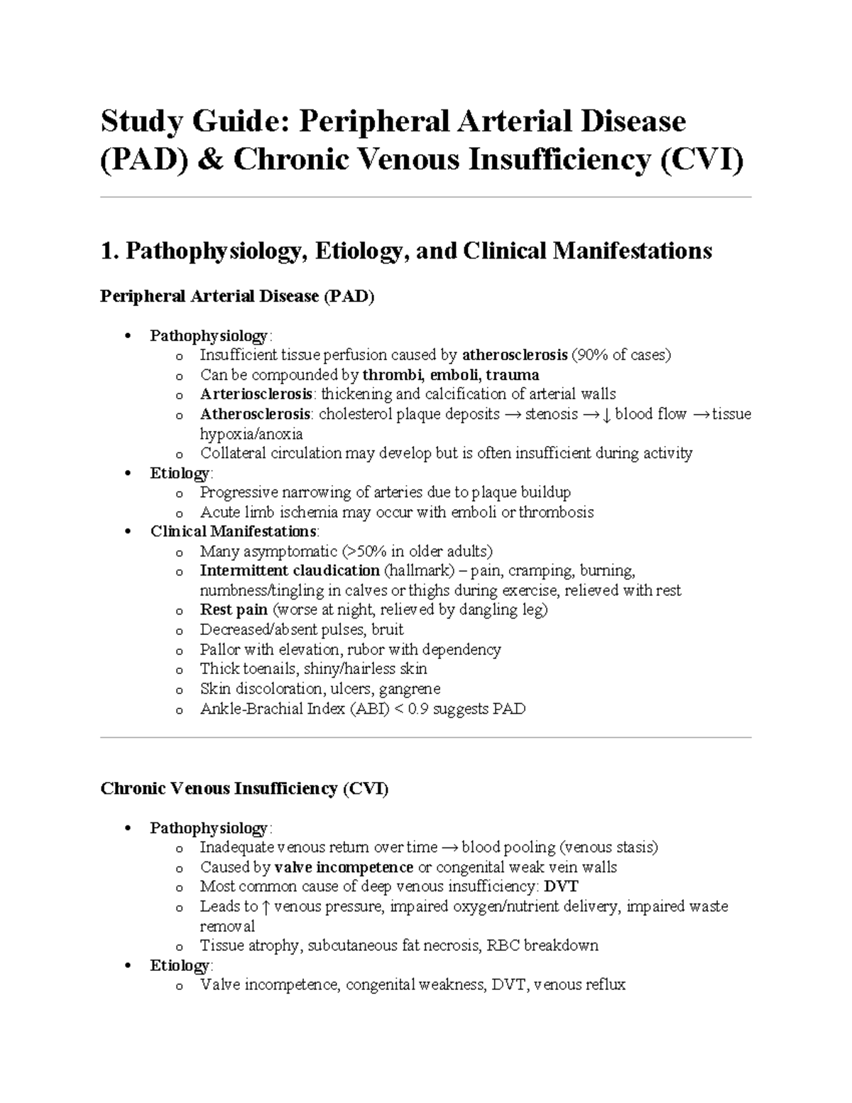 Study Guide: PAD & CVI Pathophysiology, Etiology, and Nursing Care ...