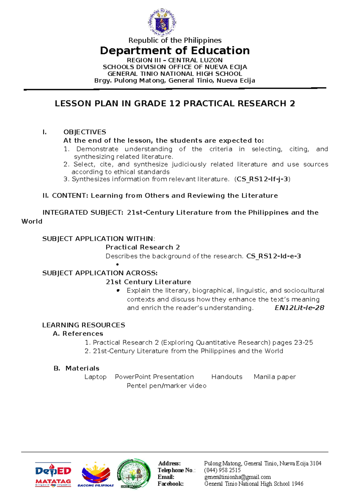 Lesson Plan for Grade 12 Practical Research 2 (PR2) - Literature Review ...