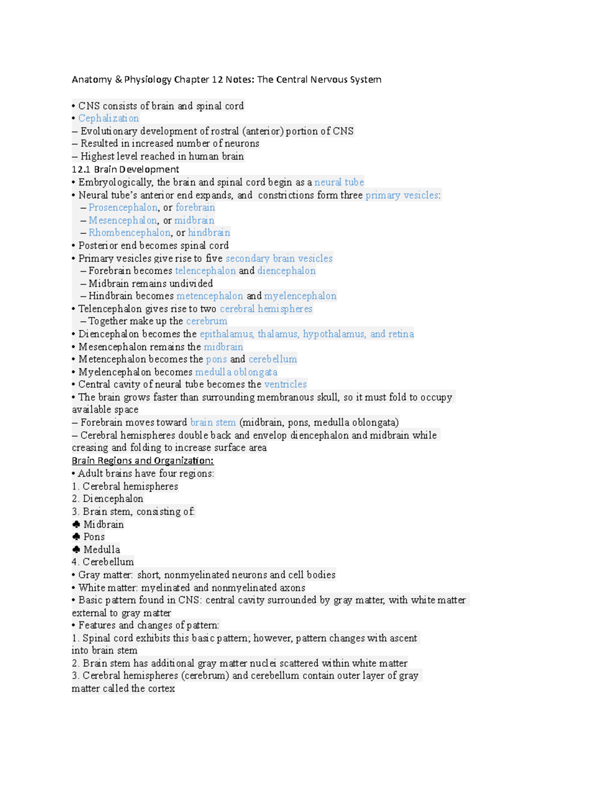 Anatomy & Physiology Chapter 12: Central Nervous System Overview - Studocu