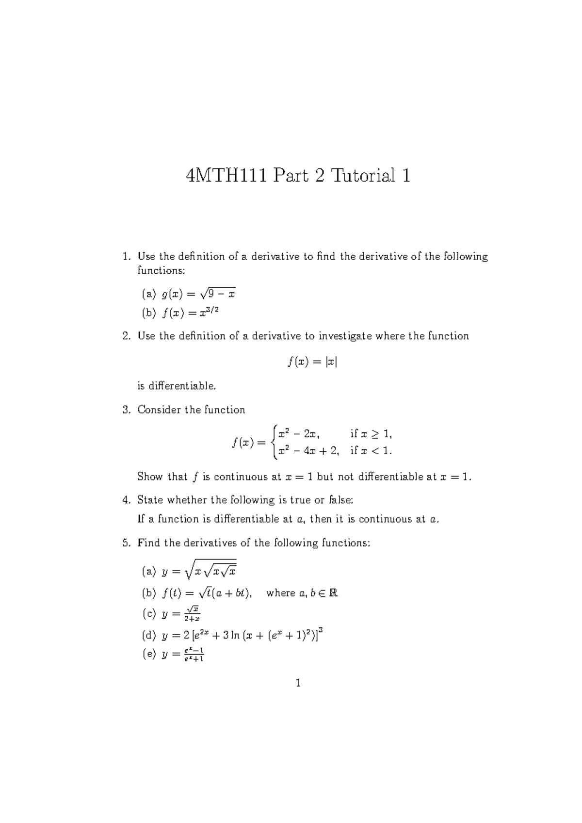Calculus Tut 1-Section B: Derivatives & Continuity Analysis - Studocu